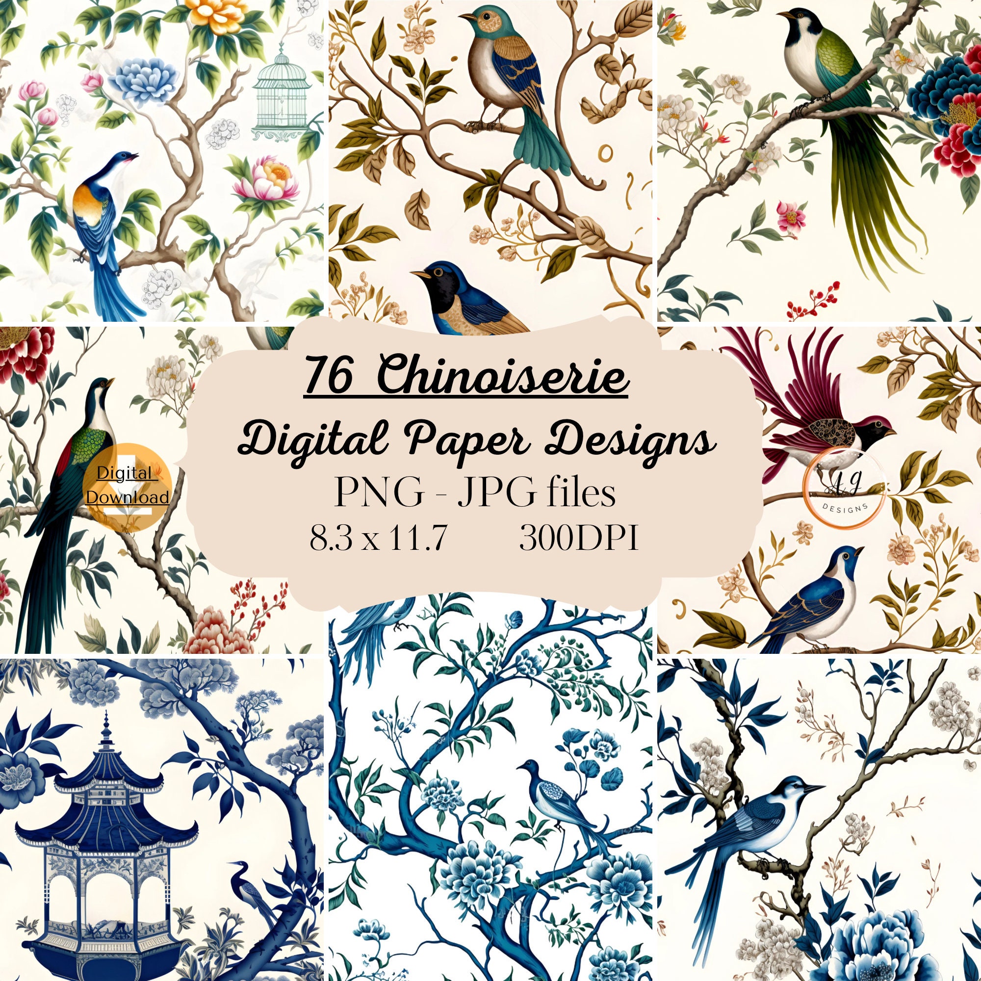 76 Mega Bundle Colourful Chinoiserie Paper, Chinoiserie Art ...