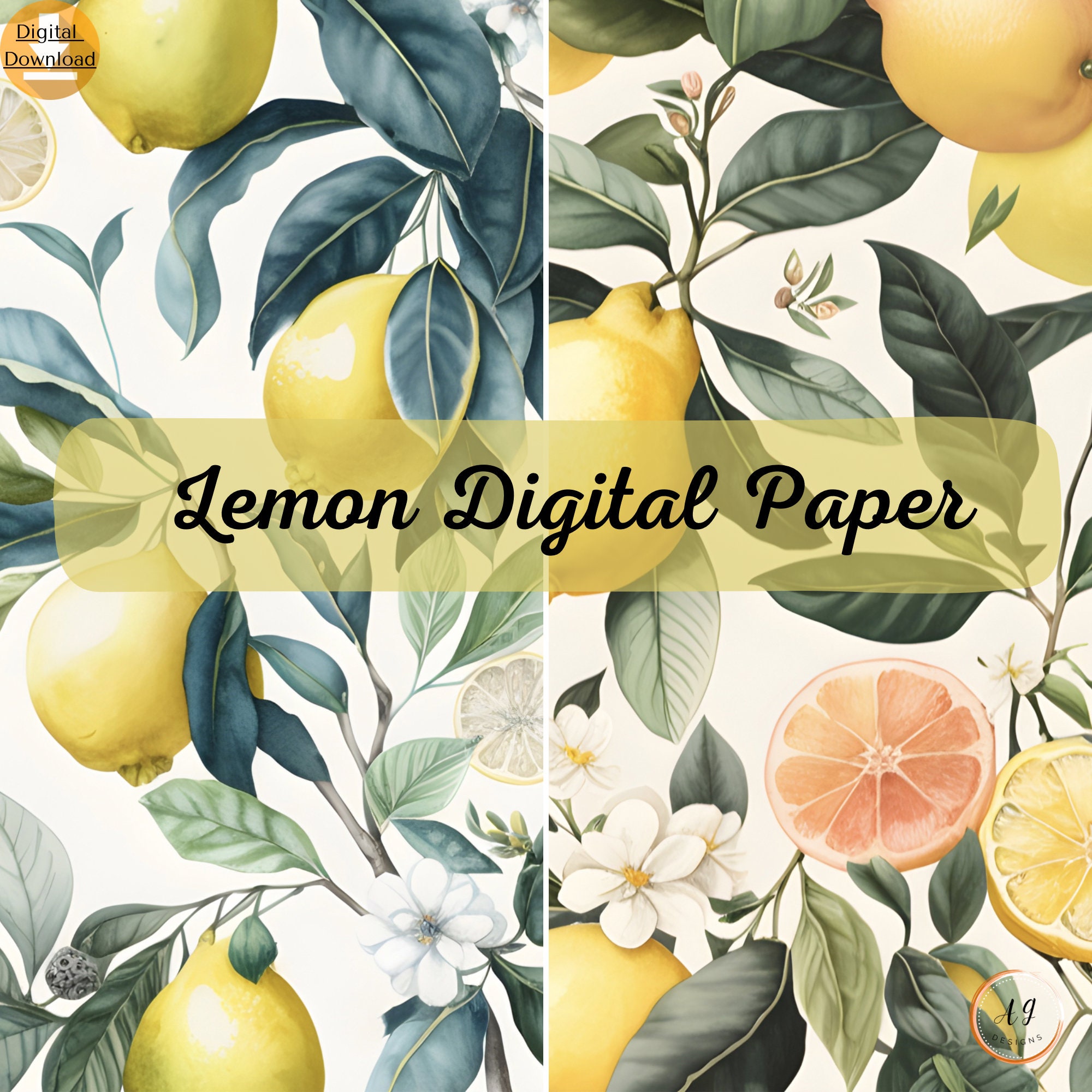 8 Lemon Digital Paper, Lemon Pattern, Lemon Background, Watercolour ...