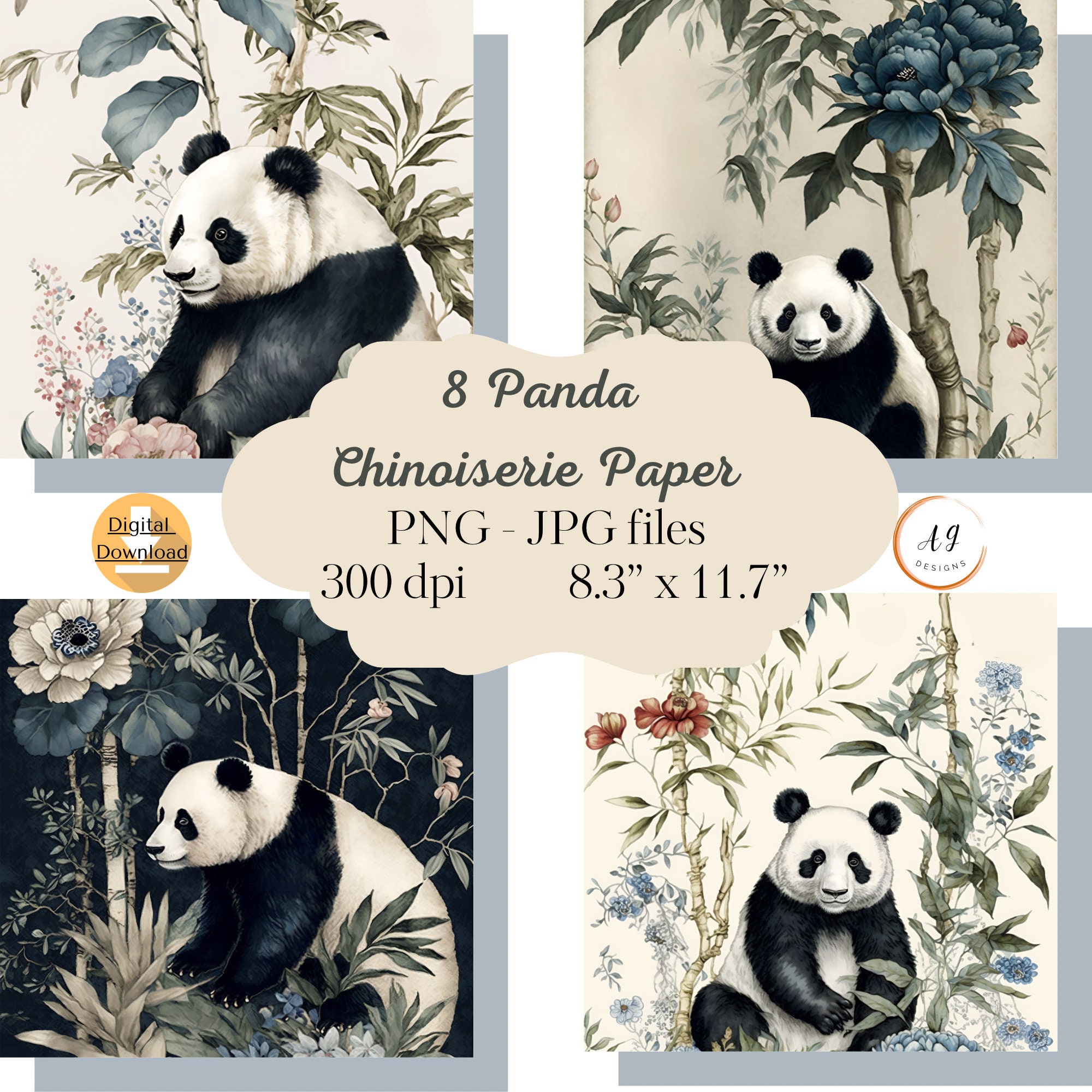 8 Panda Digital Paper, Chinoiserie Paper, Chinoiserie Art, Chinoiserie ...