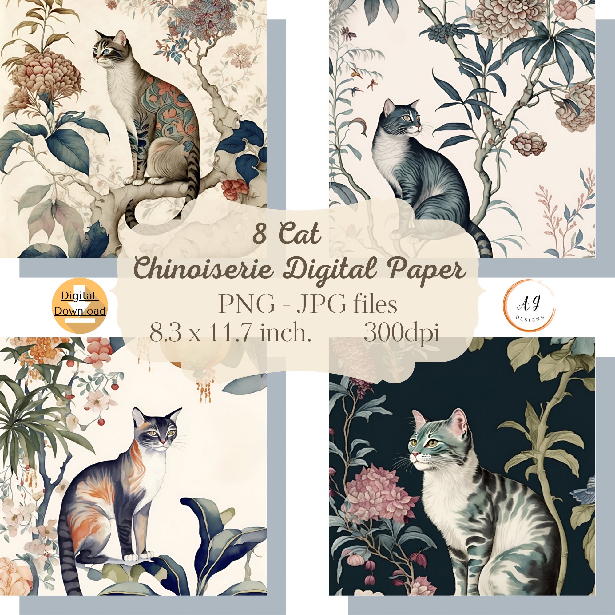 8 Cat Digital Paper, Chinoiserie Paper, Oriental Paper, Asian Digital Paper, Chinoiserie Pattern ...