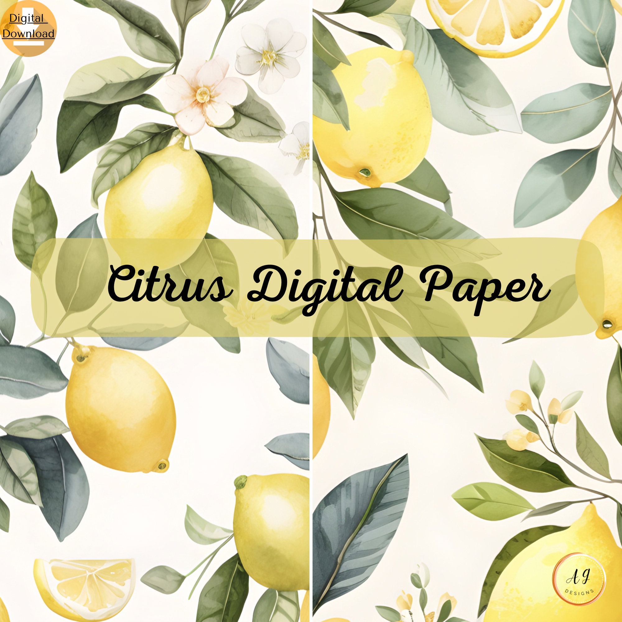 8 Citrus Digital Paper, Lemon Pattern, Lemon Background, Watercolour ...