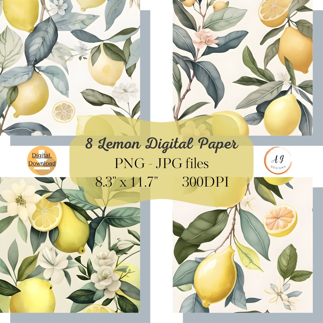 8 Lemon Digital Paper, Lemon Pattern, Lemon Background, Watercolour ...