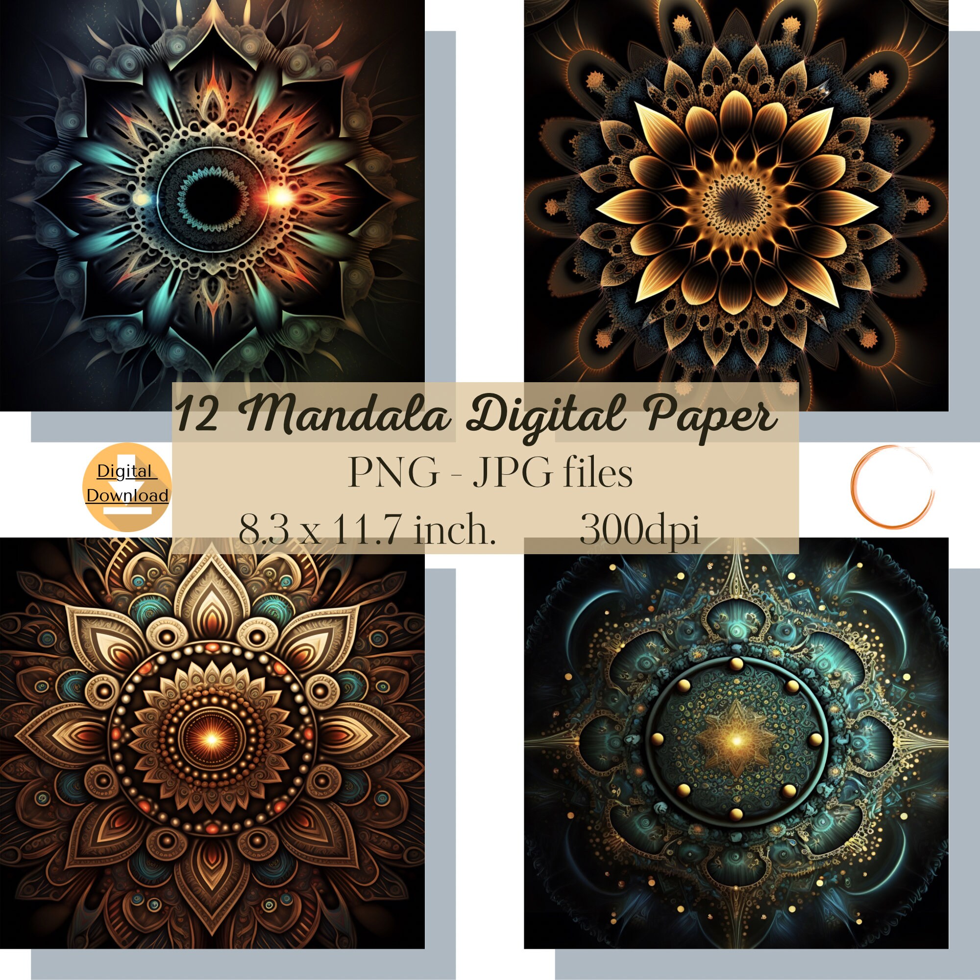 12 Mandala Digital Paper, Mandala Paper, Mandala Art, Mandala Digital ...