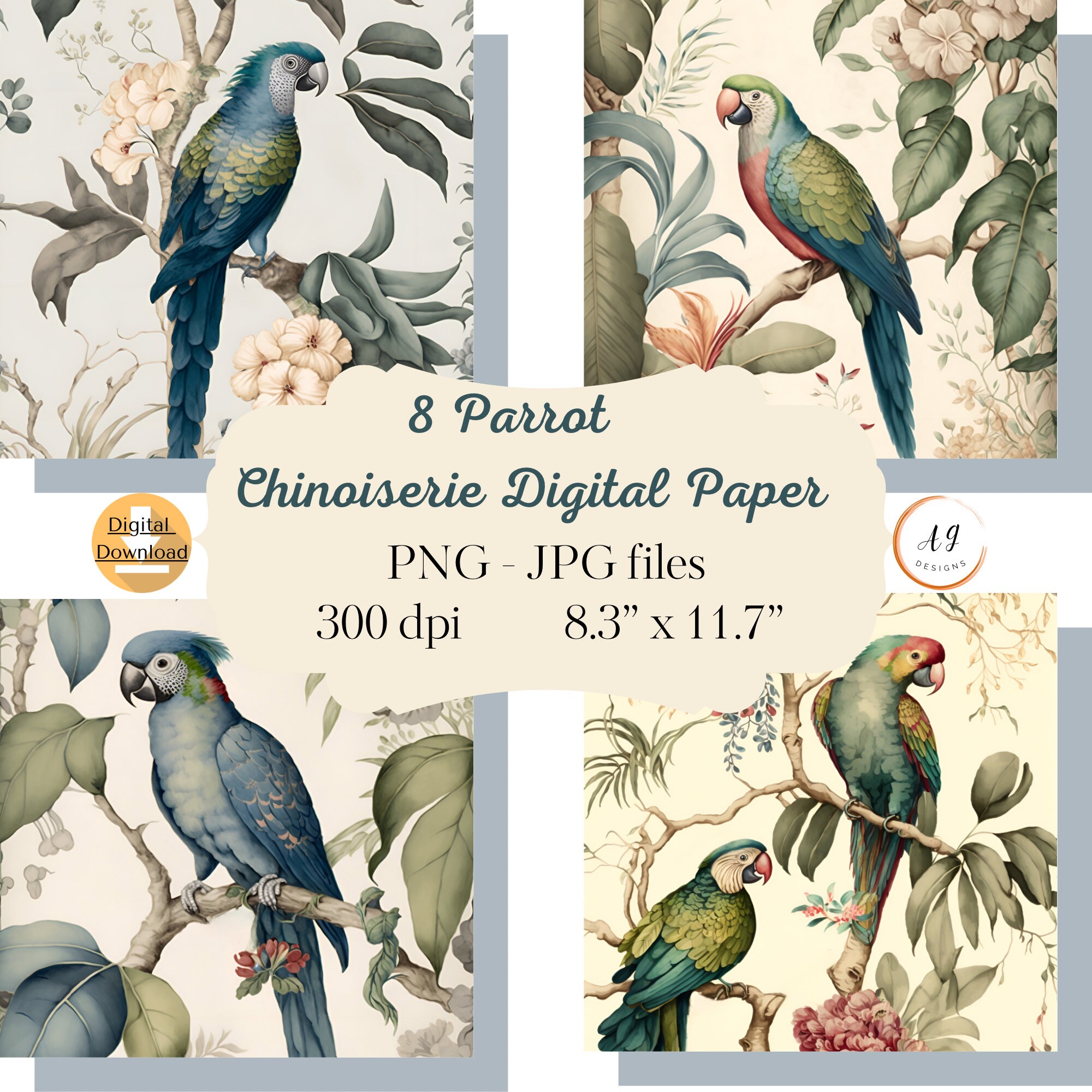 8 Parrot Chinoiserie Paper, Chinoiserie Art, Chinoiserie Paper ...