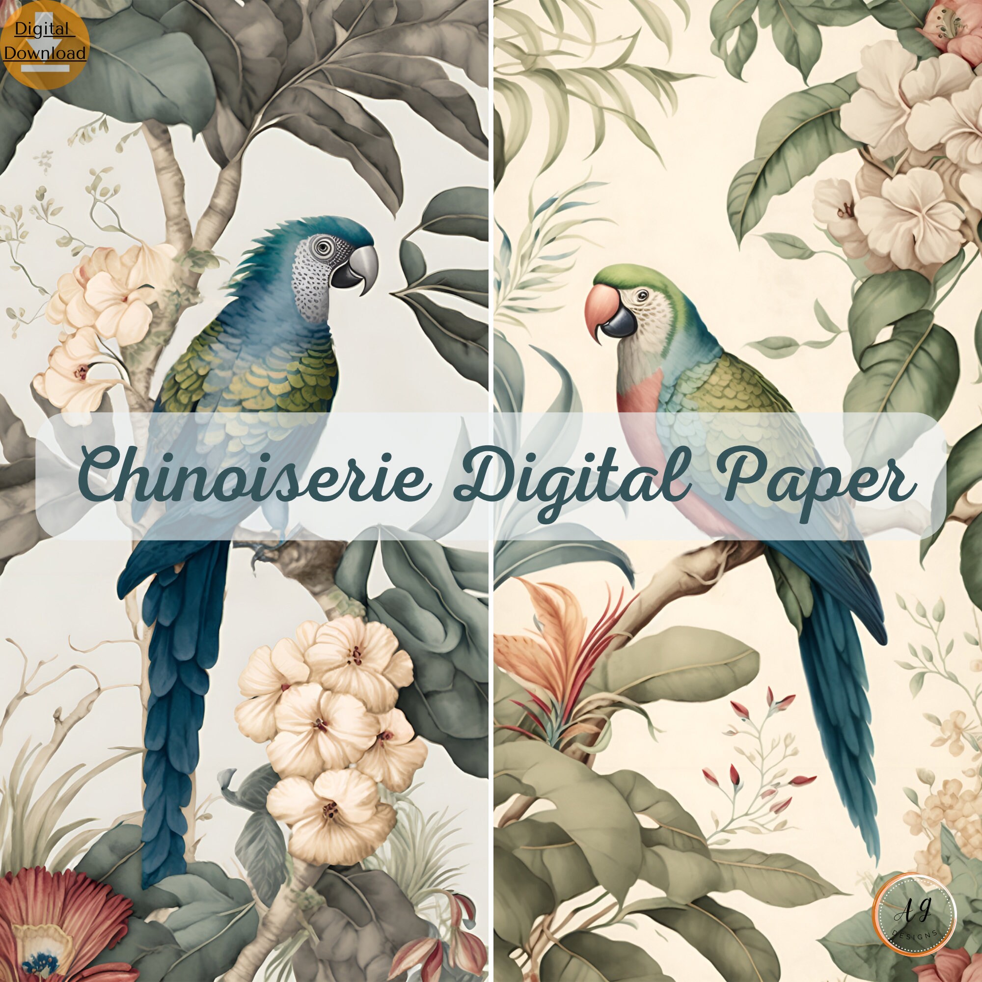 8 Parrot Chinoiserie Paper, Chinoiserie Art, Chinoiserie Paper ...
