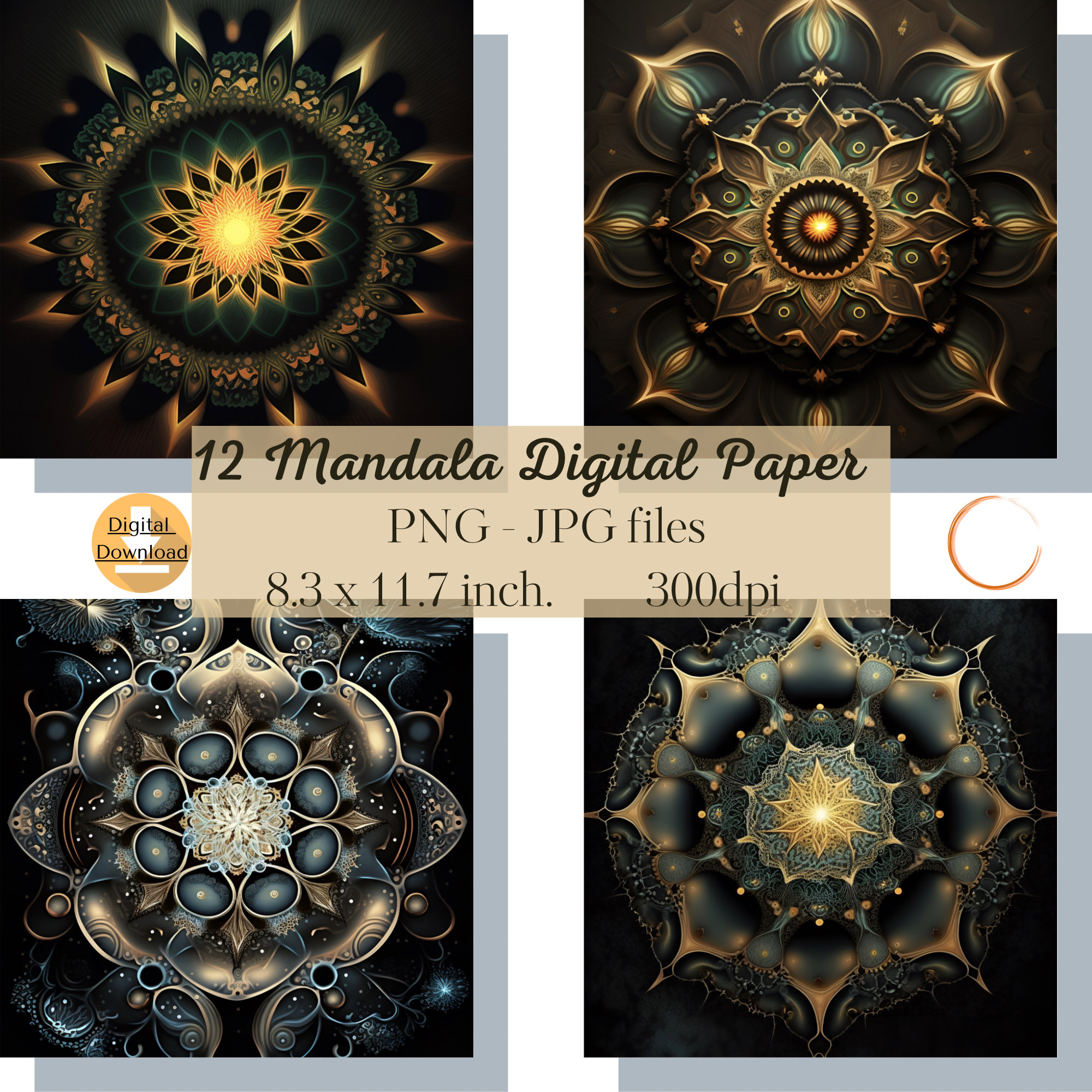 12 Mandala Digital Paper, Mandala Paper, Mandala Art, Mandala Digital ...