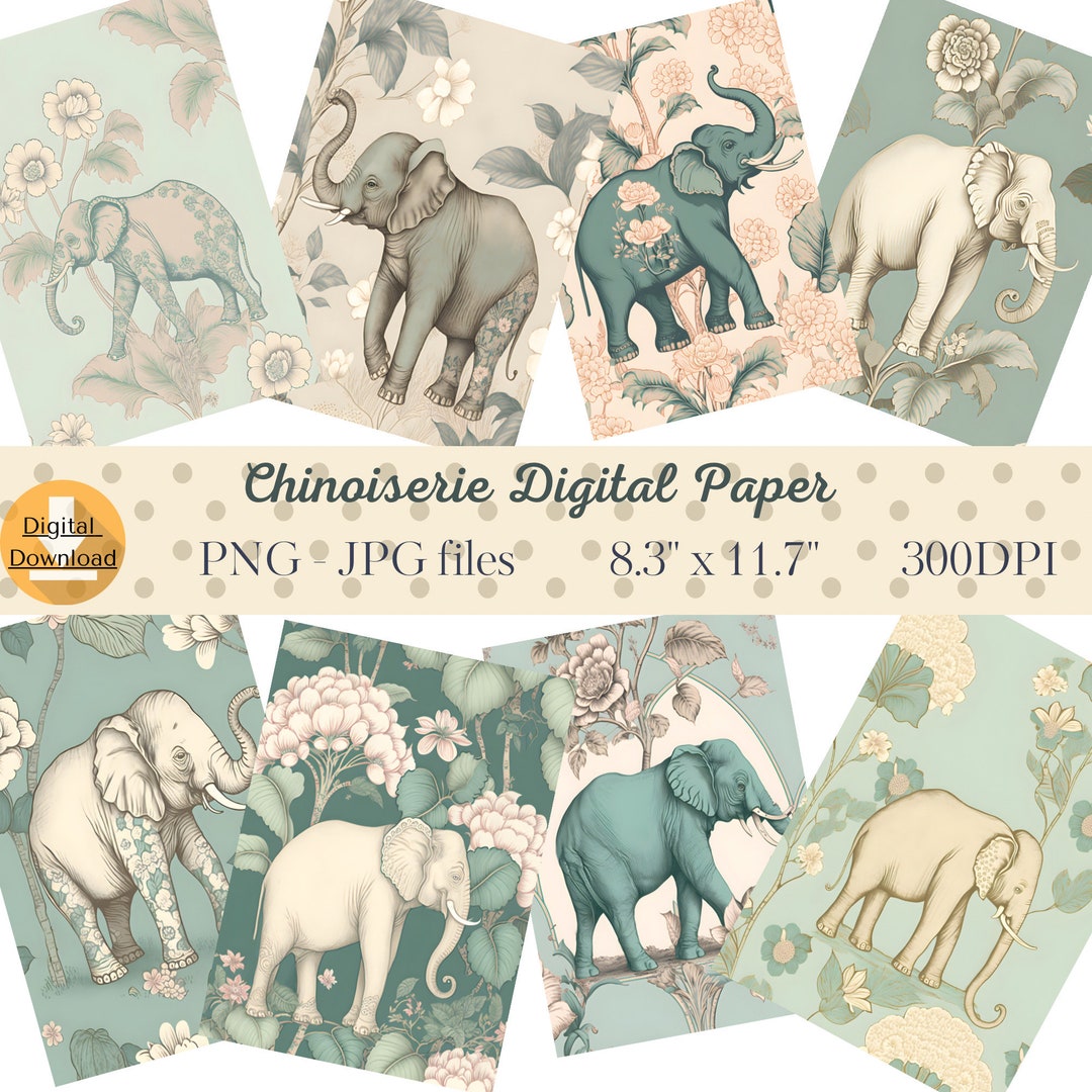 8 Chinoiserie Patterns, Digital Wallpaper, Elephants, Elephant ...