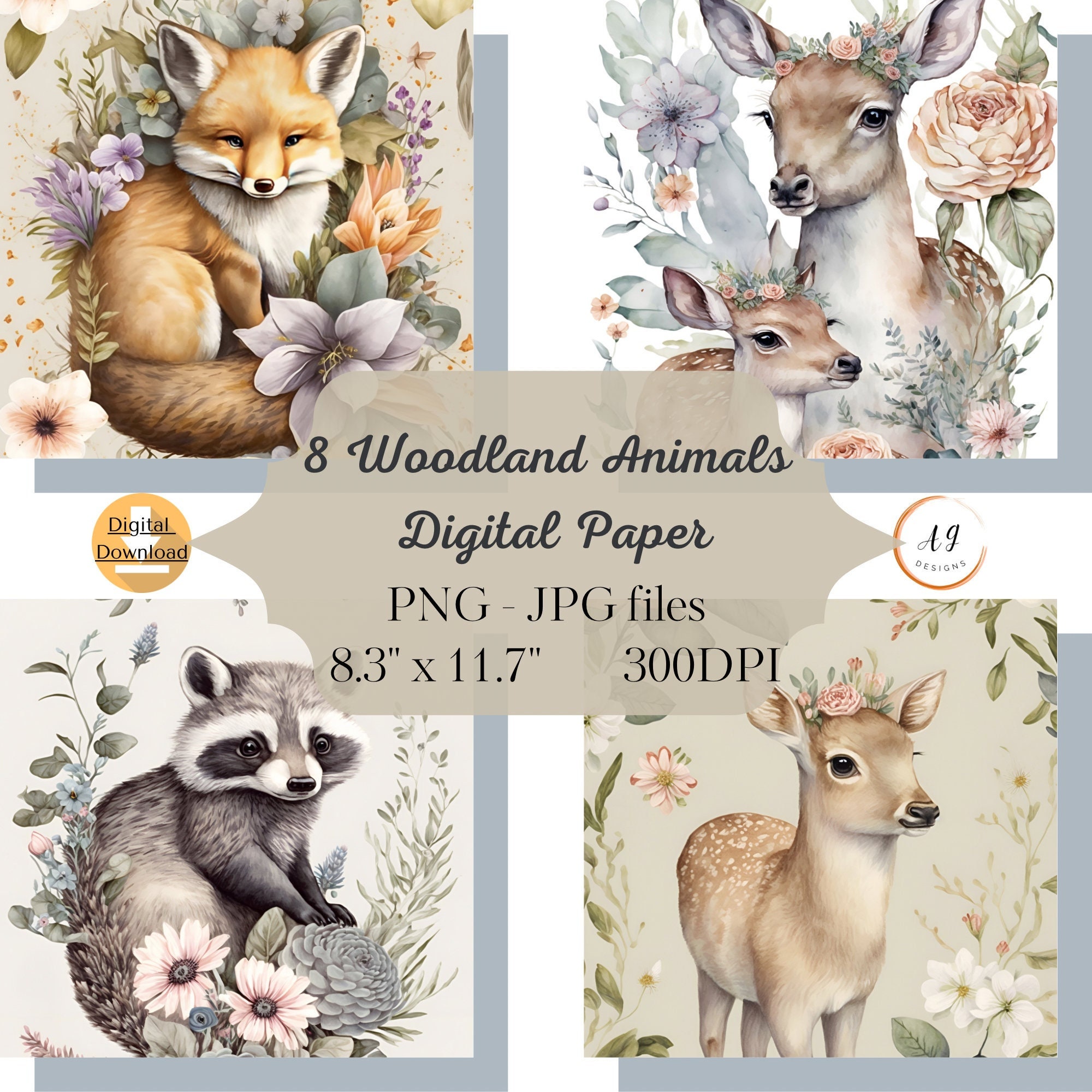 8 Cute Woodland Paper, Deer, Fox Digital Paper, Woodland Animals ...