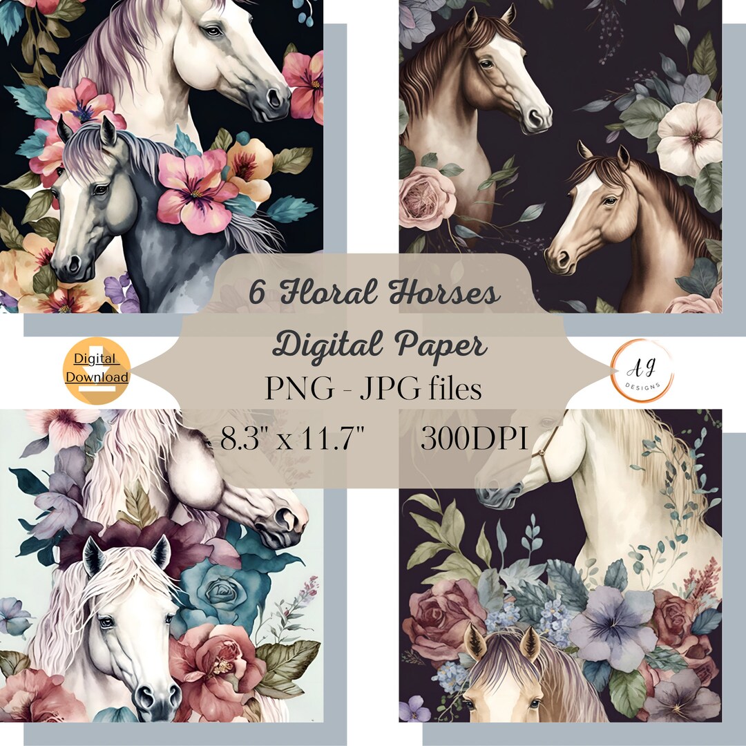 6 Floral Horses Digital Paper Horse Printable Horse Designs - Etsy