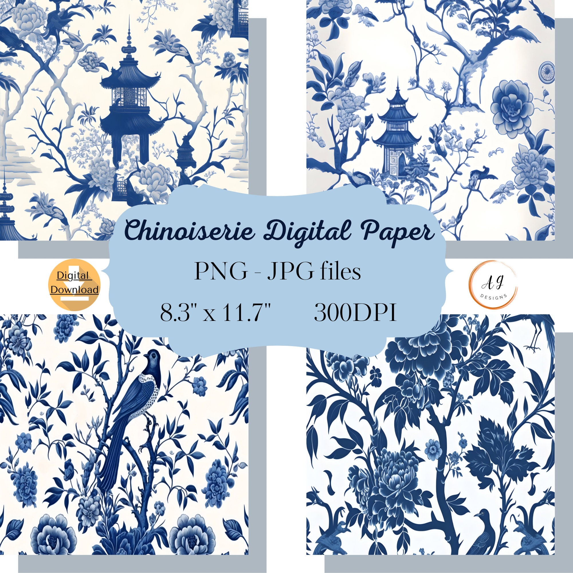 12 Blue and White Chinoiserie Paper Digital Wallpaper - Etsy