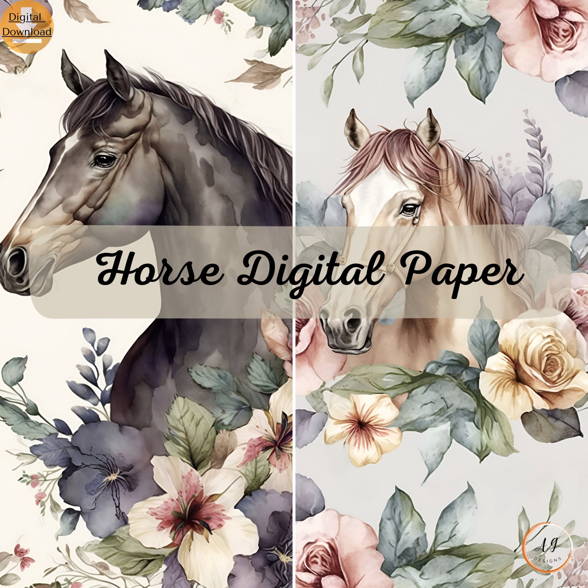 8 Floral Horse Digital Paper, Horse, Horse Printable, Horse Designs ...