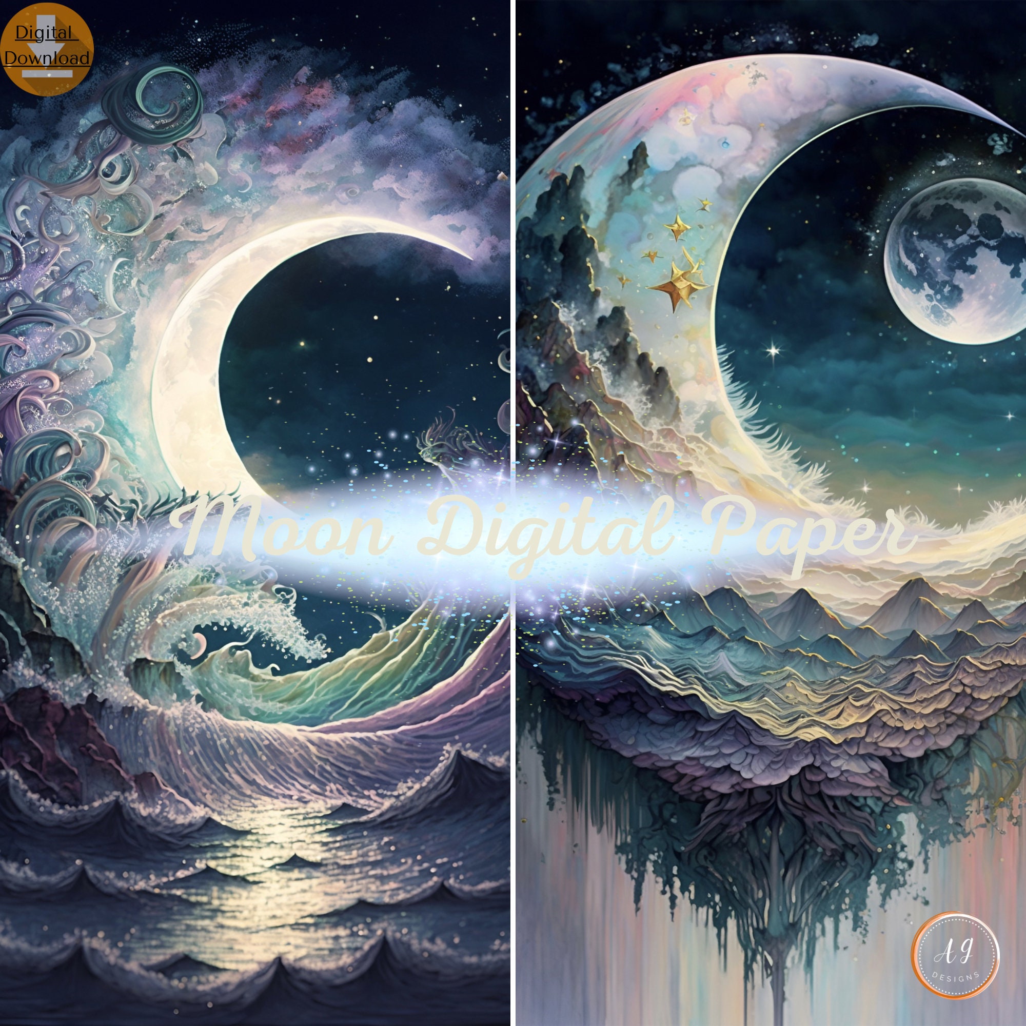 8 Moon Digital Paper Moon and Stars Paper Watercolour Moon - Etsy