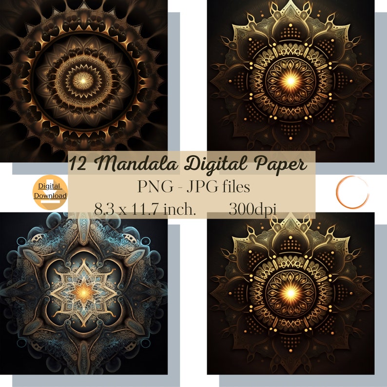 12 Mandala Digital Paper, Mandala Paper, Mandala Art, Mandala Digital ...