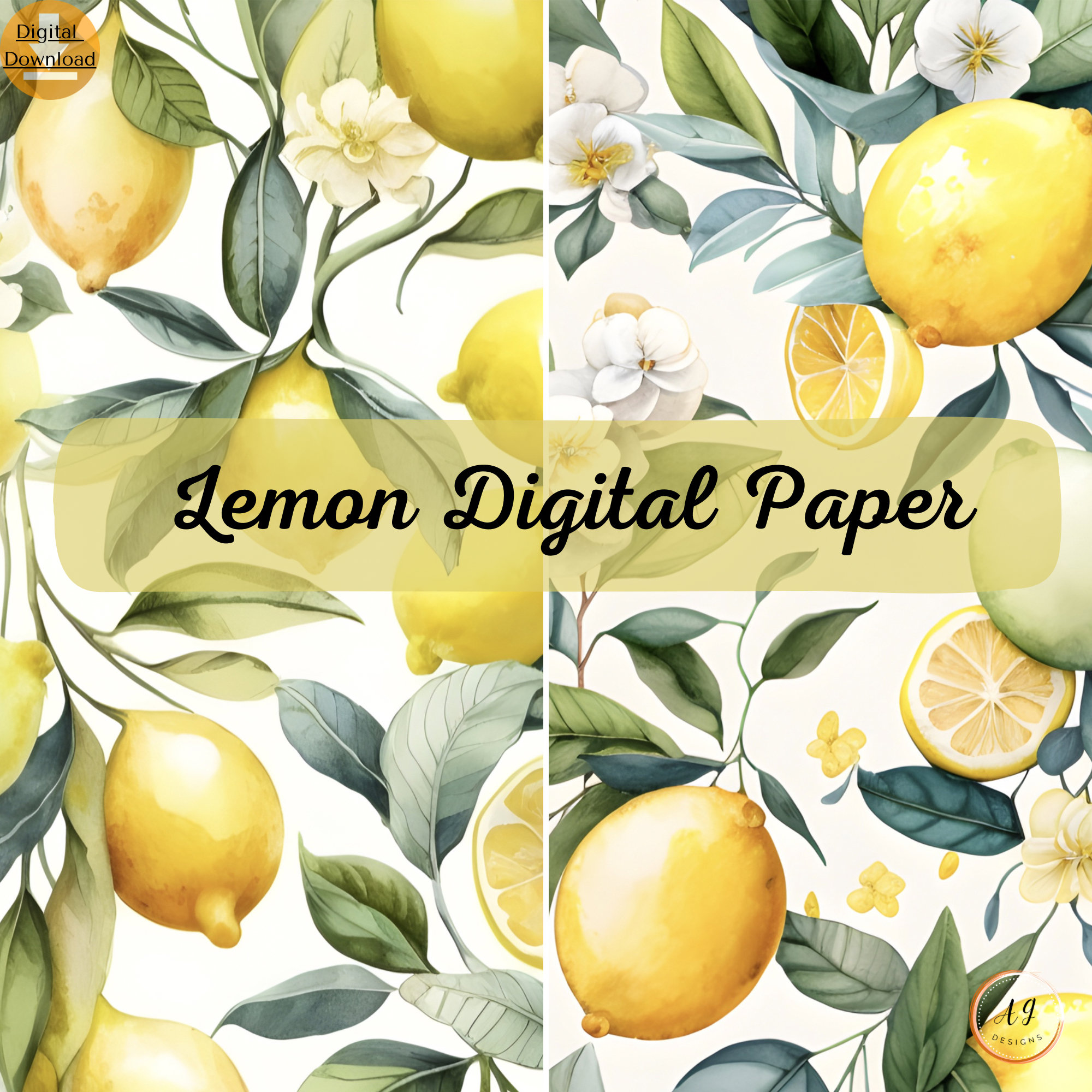 8 Lemon Digital Paper, Lemon Pattern, Lemon Background, Watercolour ...