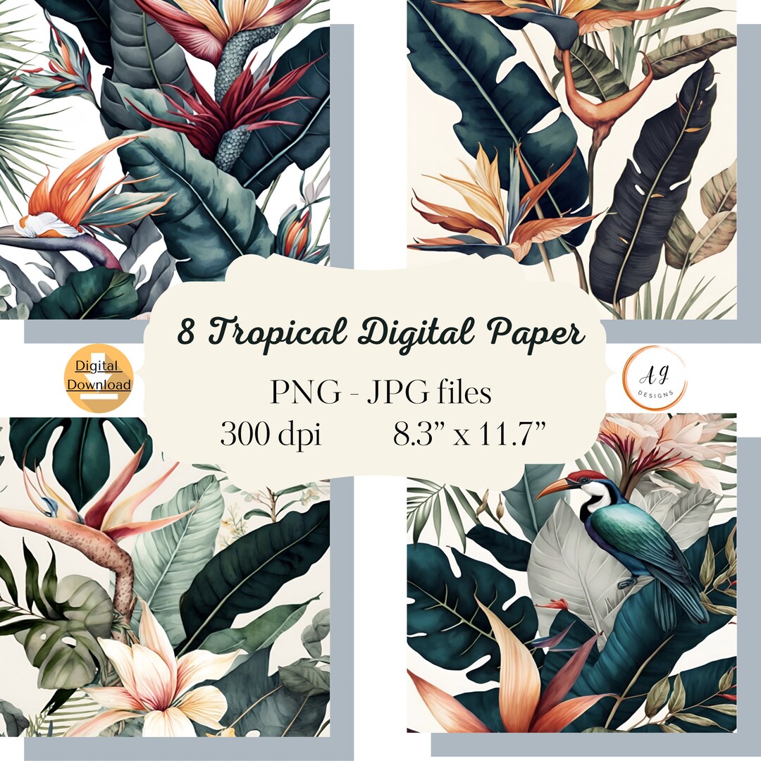 8 Tropical Watercolour Digital Paper Bundle, Tropical Flowers, Tropical ...