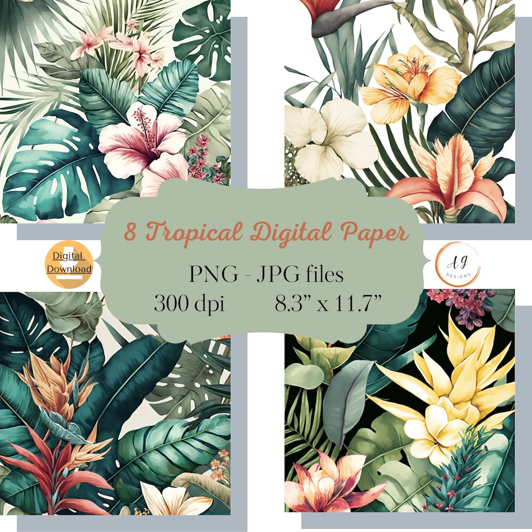 8 Tropical Digital Papers, Tropical Flowers, Tropical Paper, Digital ...