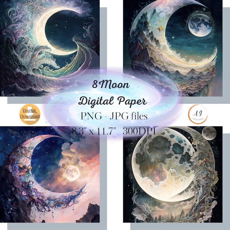 8 Moon Digital Paper Moon and Stars Paper Watercolour Moon - Etsy