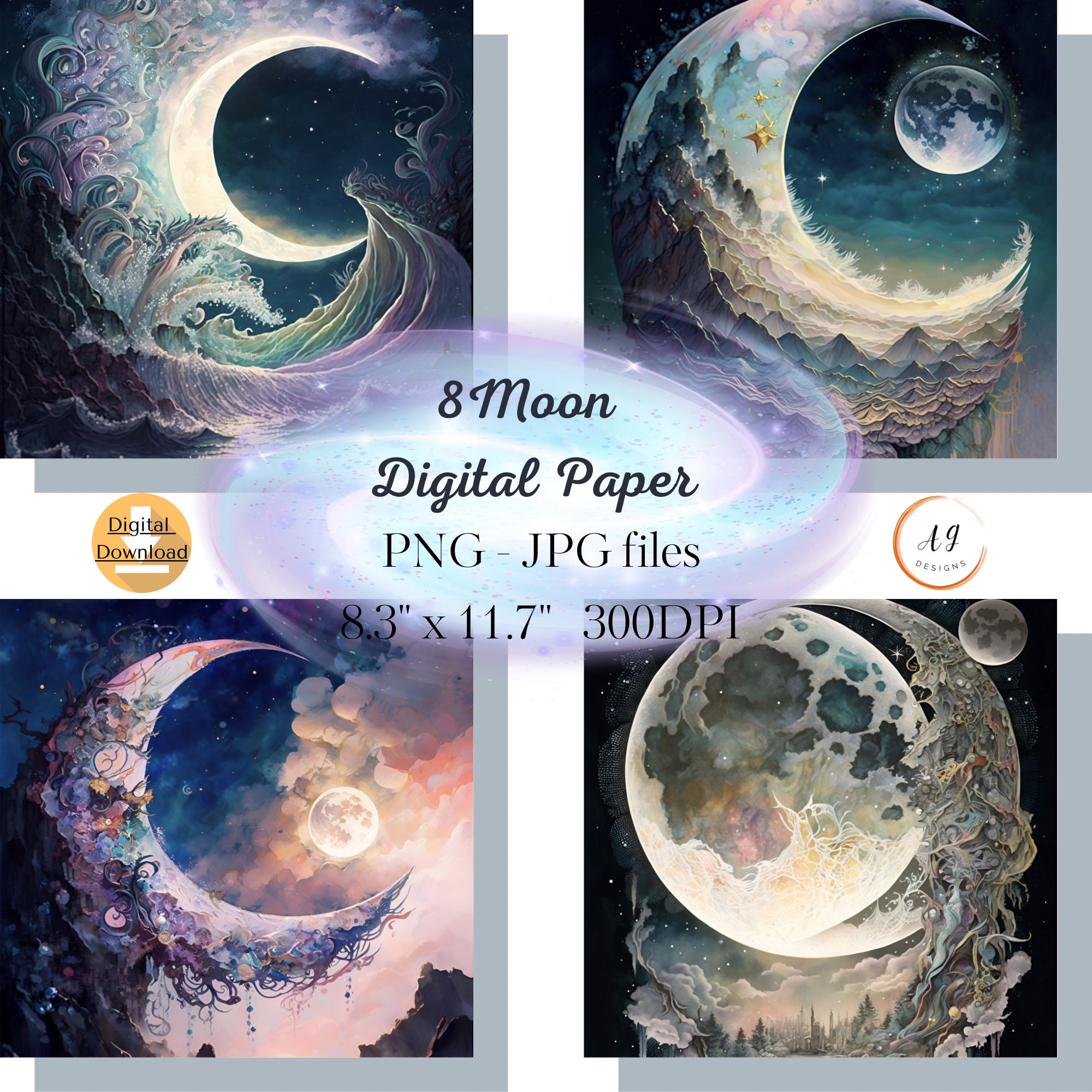 8 Moon Digital Paper Moon and Stars Paper Watercolour Moon - Etsy