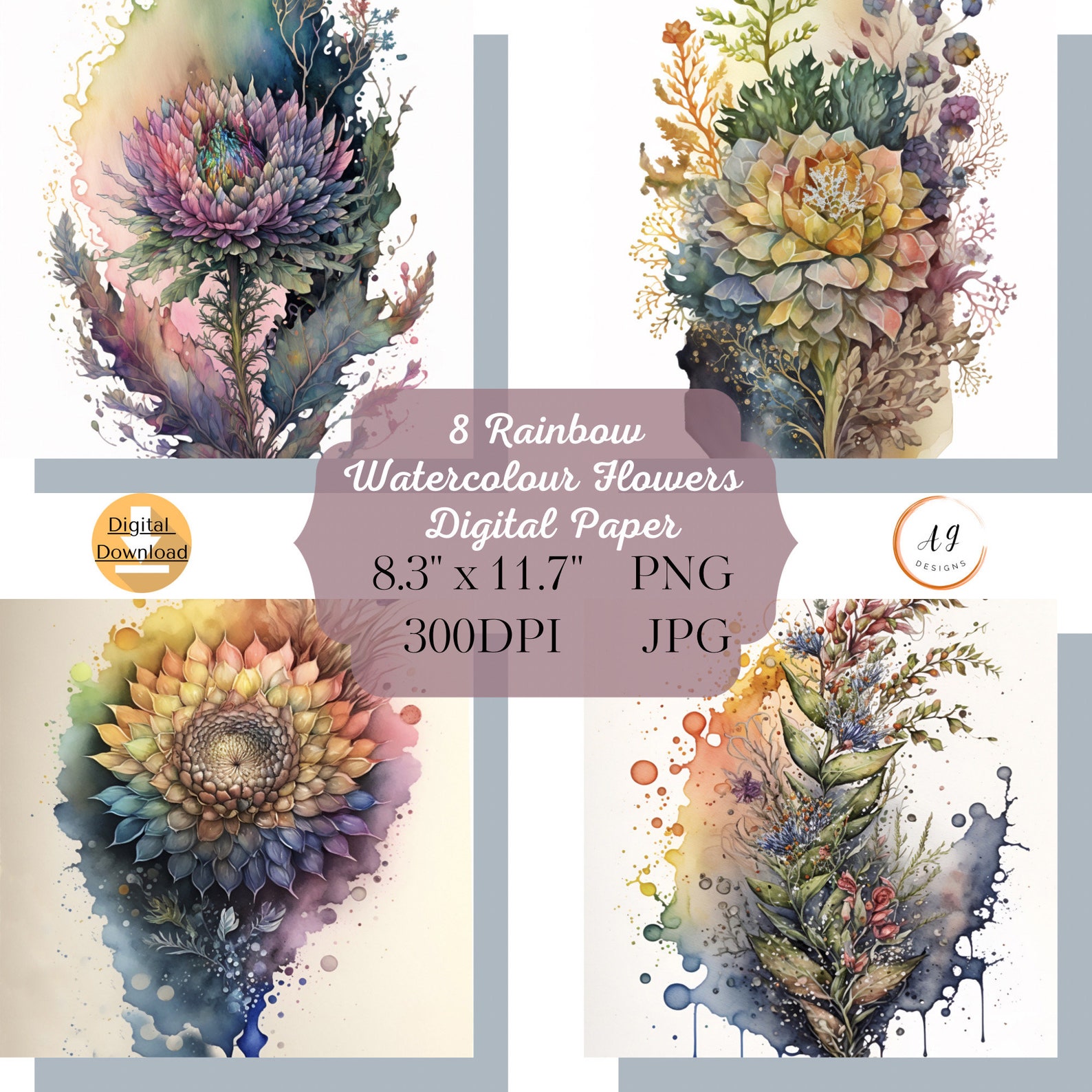 8 Rainbow Roses, Digital Clipart, Rainbow Printable, Floral Digital ...