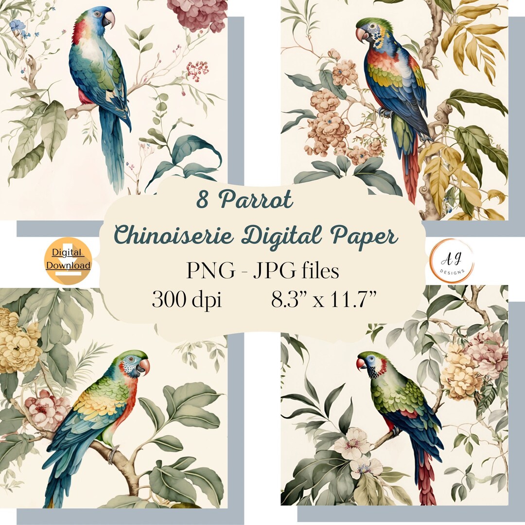 8 Parrot Chinoiserie Paper, Chinoiserie Art, Chinoiserie Paper ...