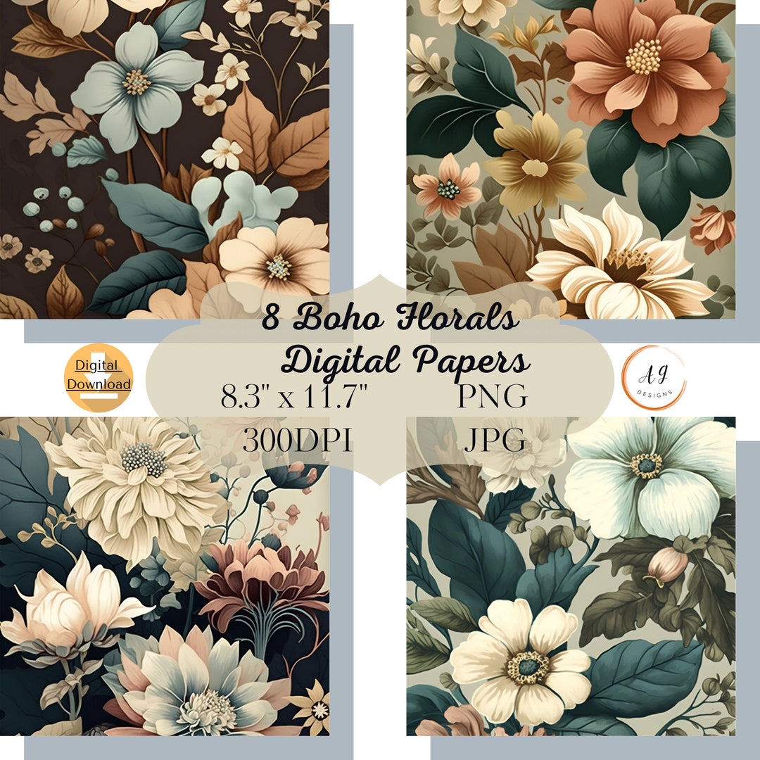 8 Retro Digital Paper, Floral Background, Boho Floral Paper, Boho Chic ...