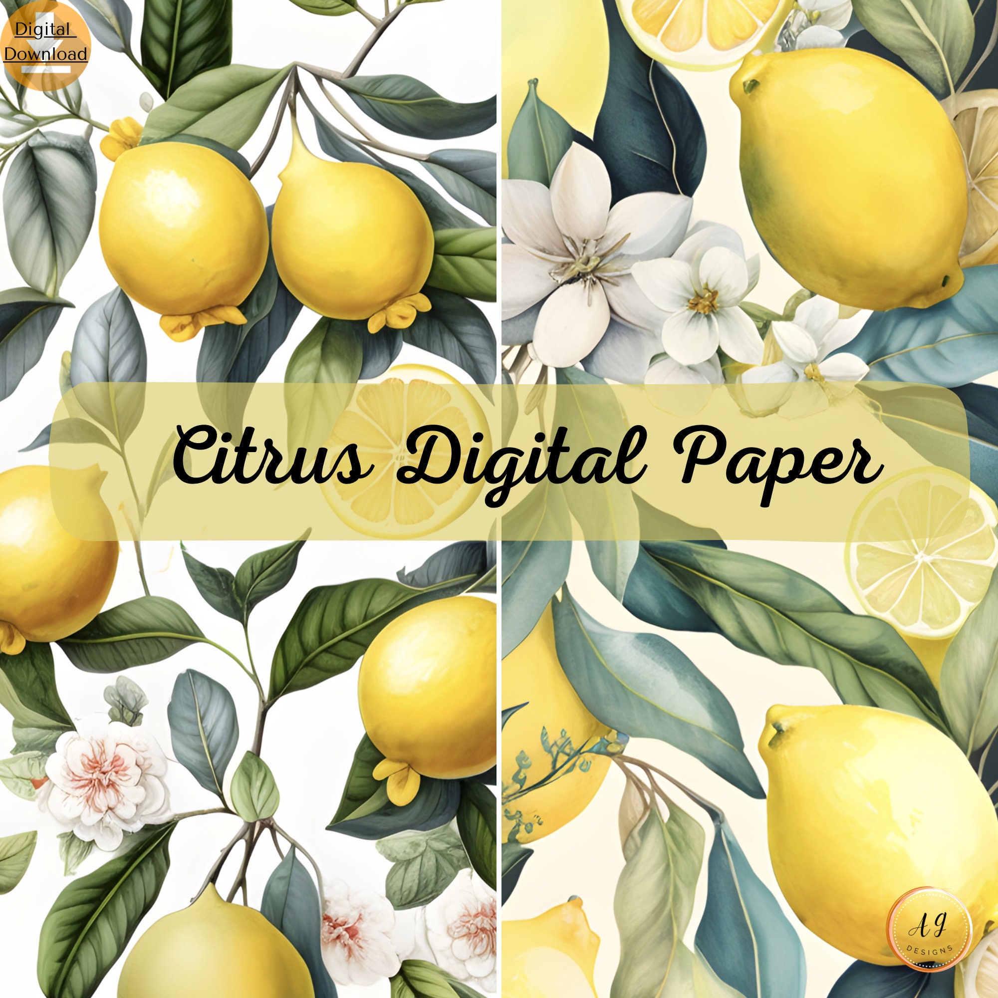 8 Citrus Digital Paper, Lemon Pattern, Lemon Background, Watercolour ...