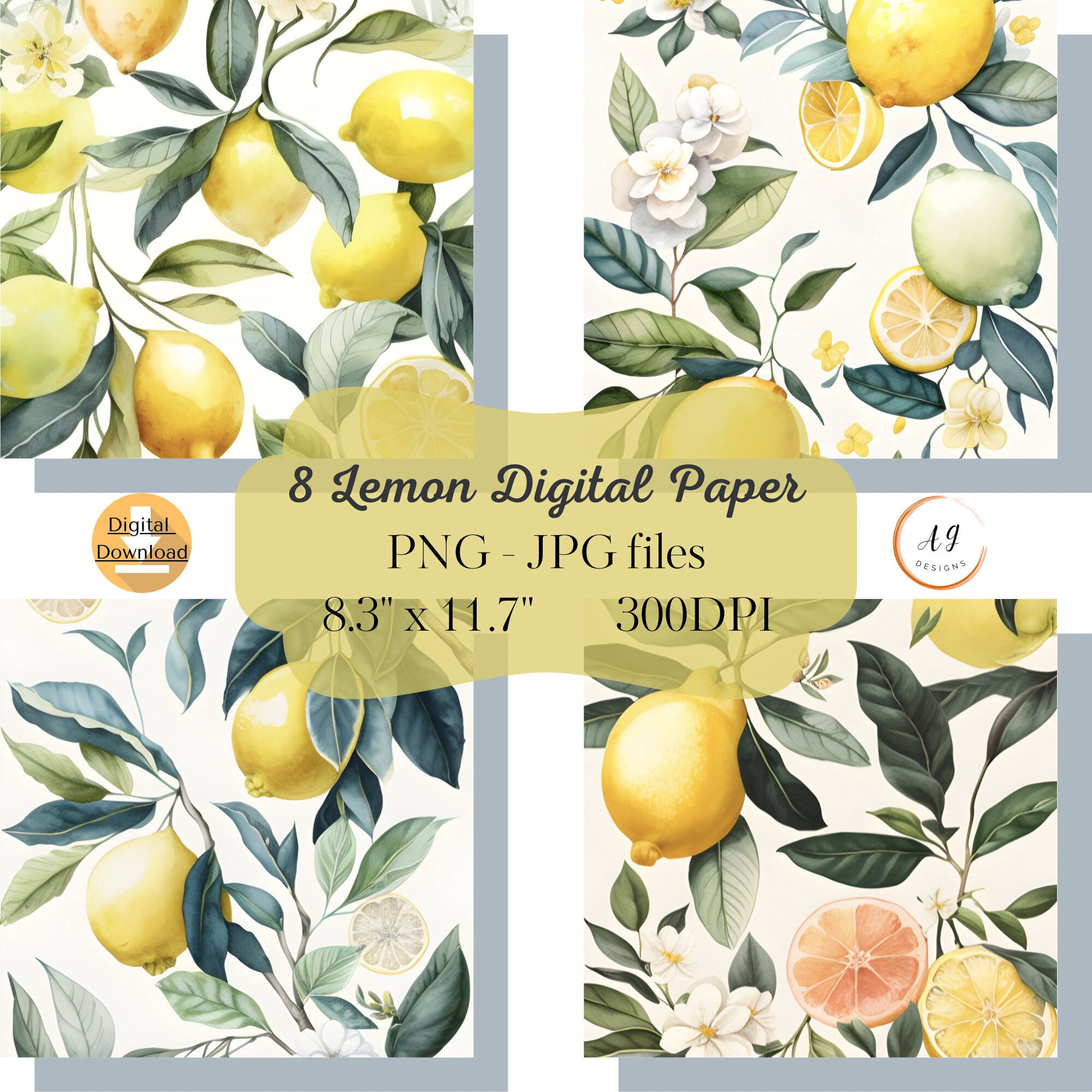 8 Lemon Digital Paper, Lemon Pattern, Lemon Background, Watercolour ...
