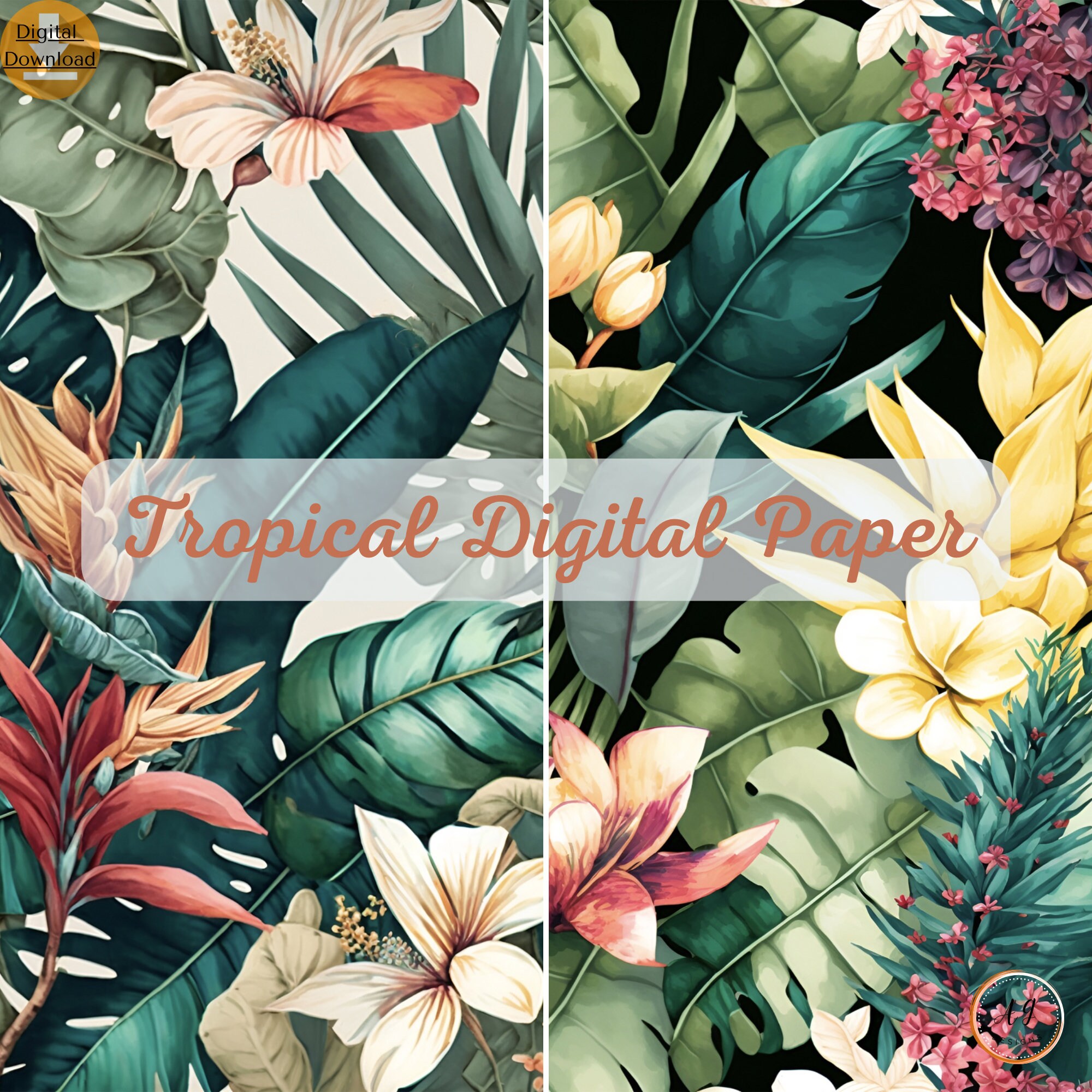 8 Tropical Digital Papers, Tropical Flowers, Tropical Paper, Digital ...