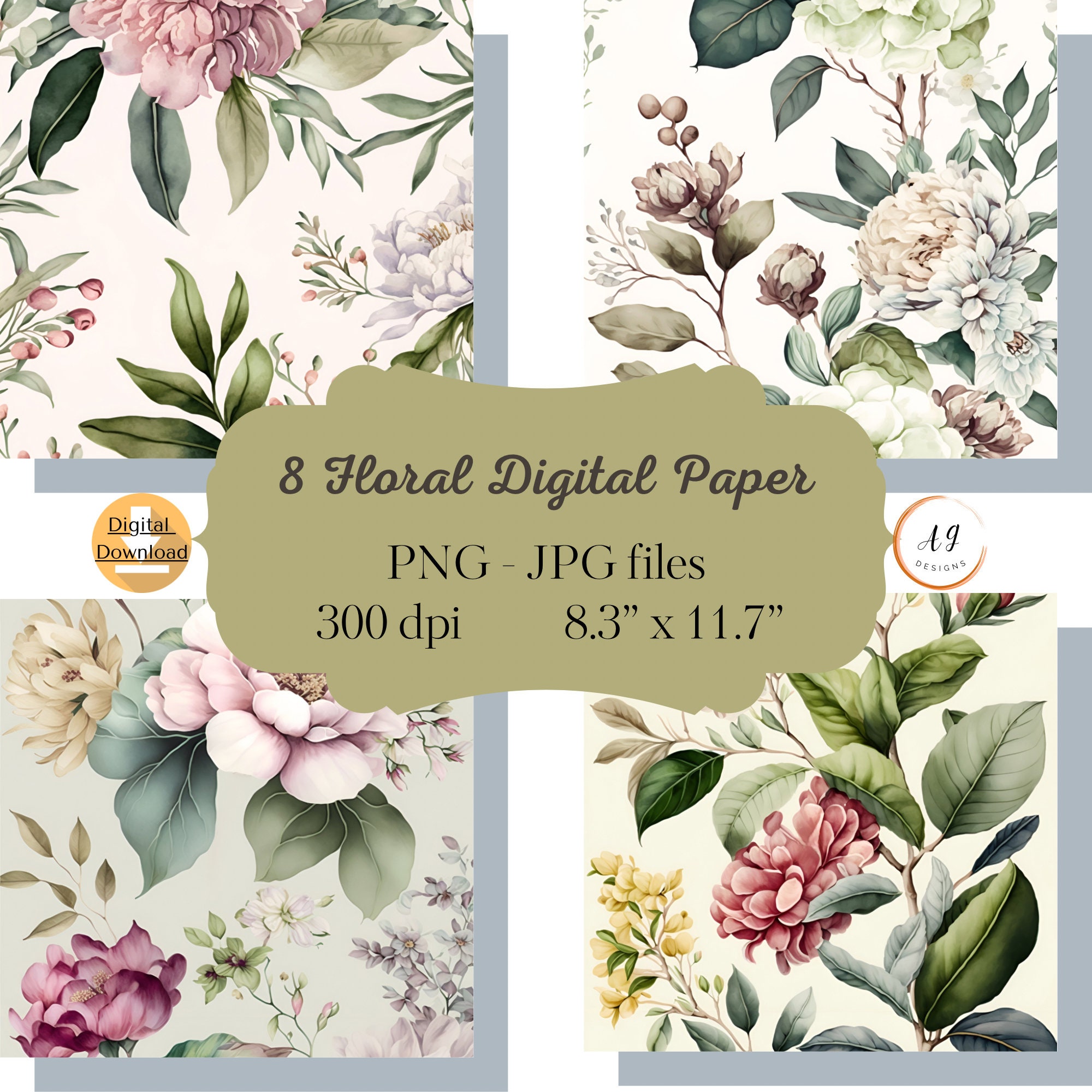 8 Floral Watercolour Digital Paper, Floral Digital Paper, Floral ...