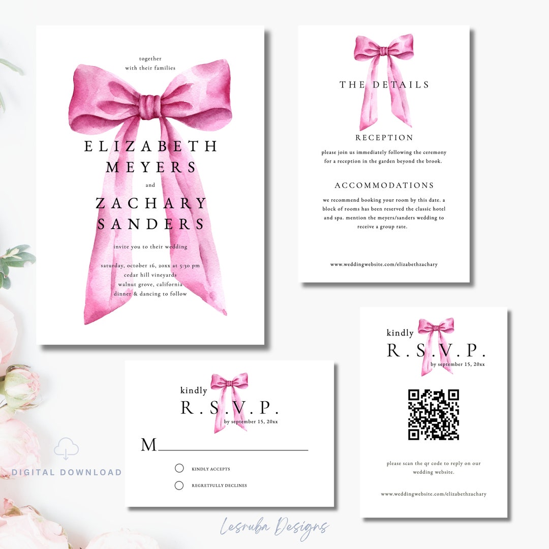 Pink Bow Wedding Invitation Template, Pink Ribbon Wedding Invite Suite ...