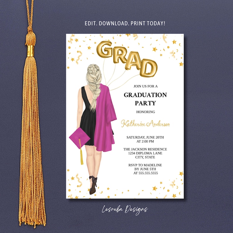 Graduation Invitation, Female Graduation Party Invitation, College Grad ...