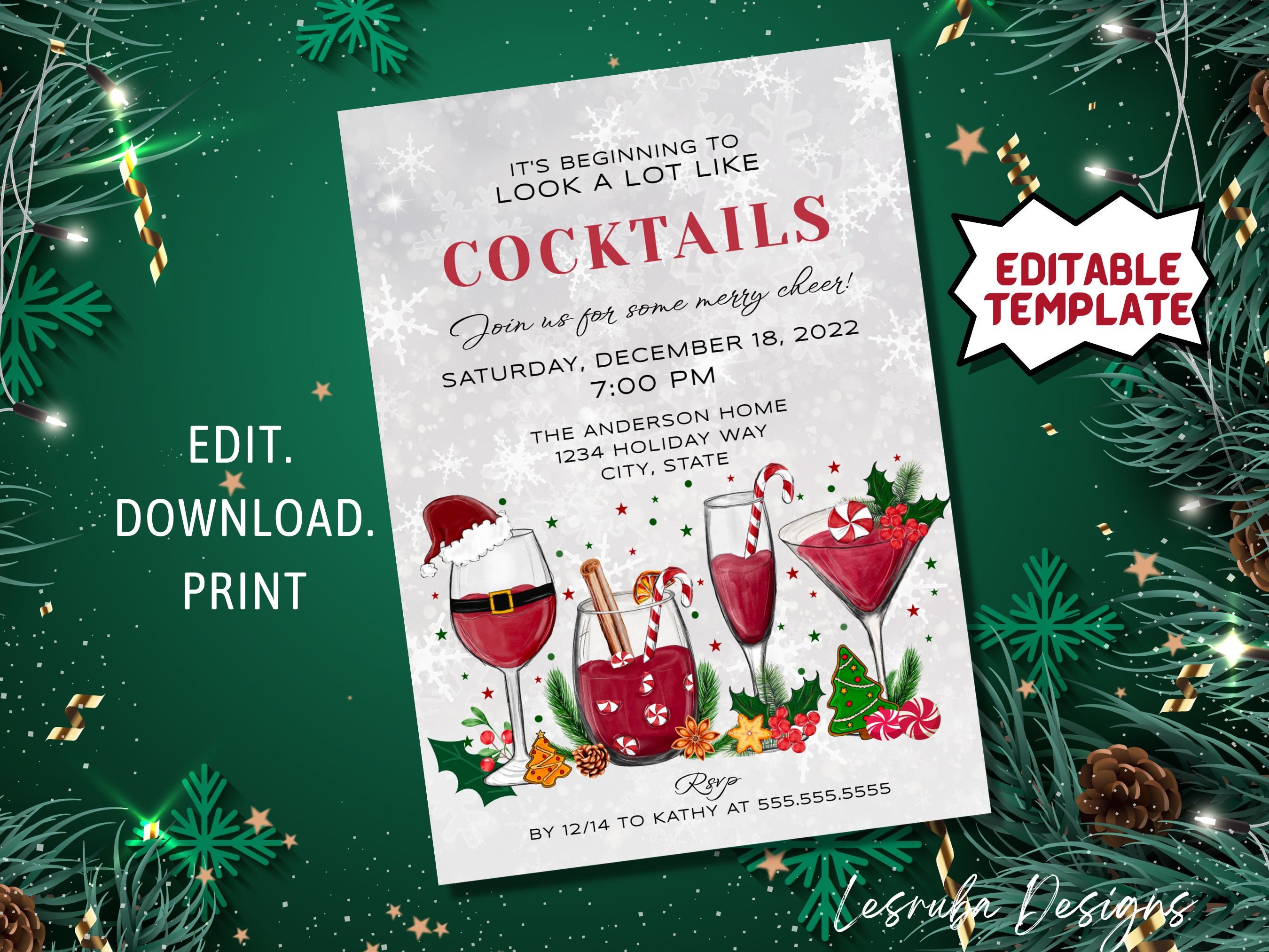 Christmas Cocktail Party Invitation, Christmas Invitation, Holiday ...