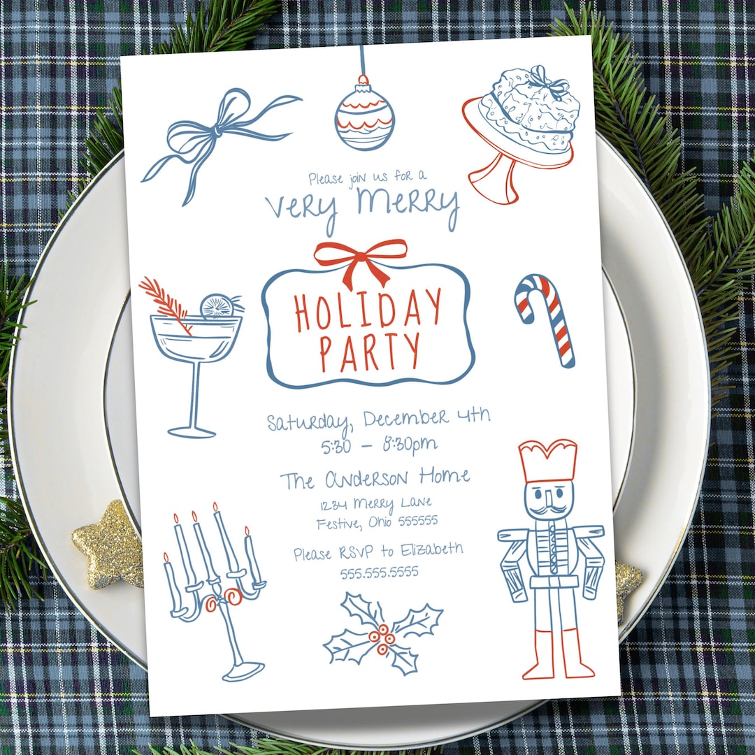 Holiday Party Invitation, Doodle Christmas Party Invite, Digital ...
