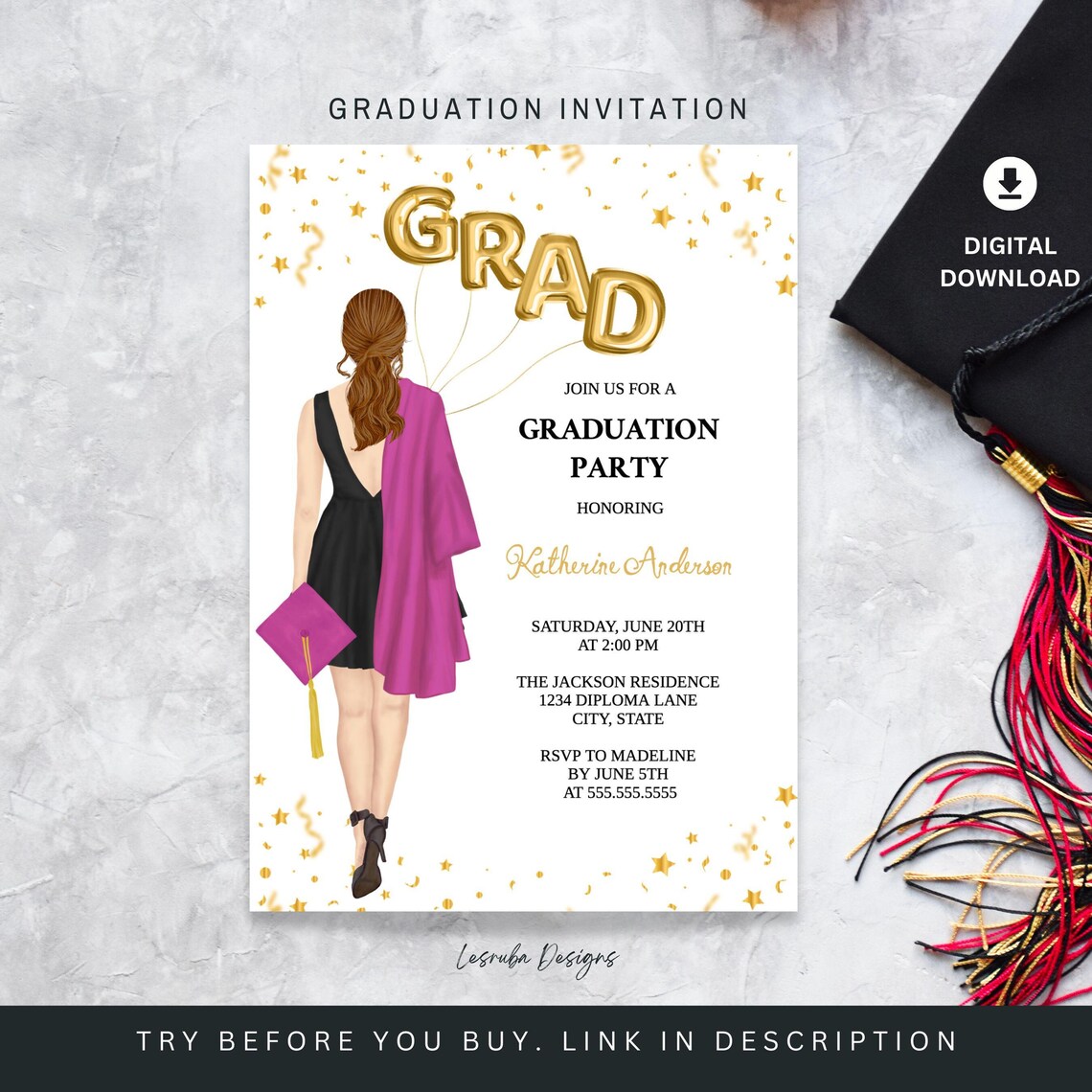 Graduation Invitation, Girl Female Graduation Party Invitation, College ...