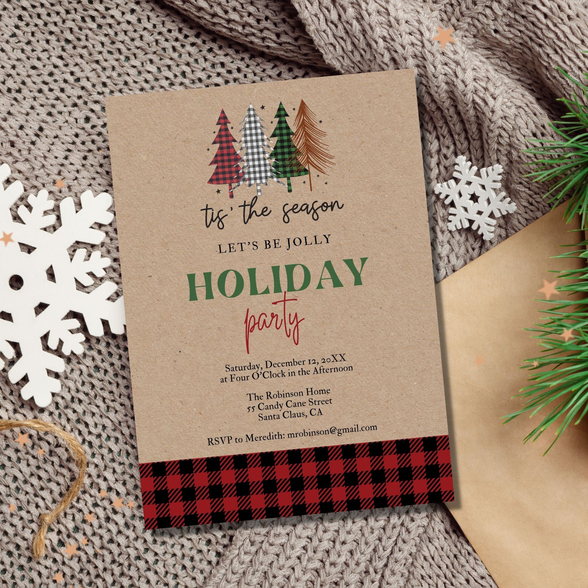 Editable Holiday Party Invitation Template, Rustic Buffalo Plaid ...