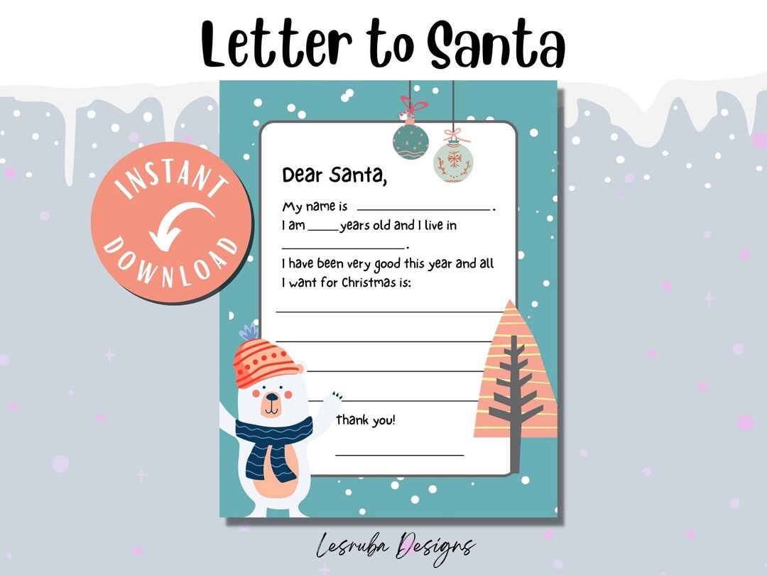 Christmas Letter to Santa Printable, Dear Santa Claus Instant Download ...