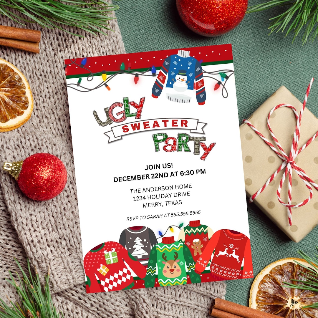 Ugly Sweater Invitation, Christmas Party Canva Template, Holiday Party ...