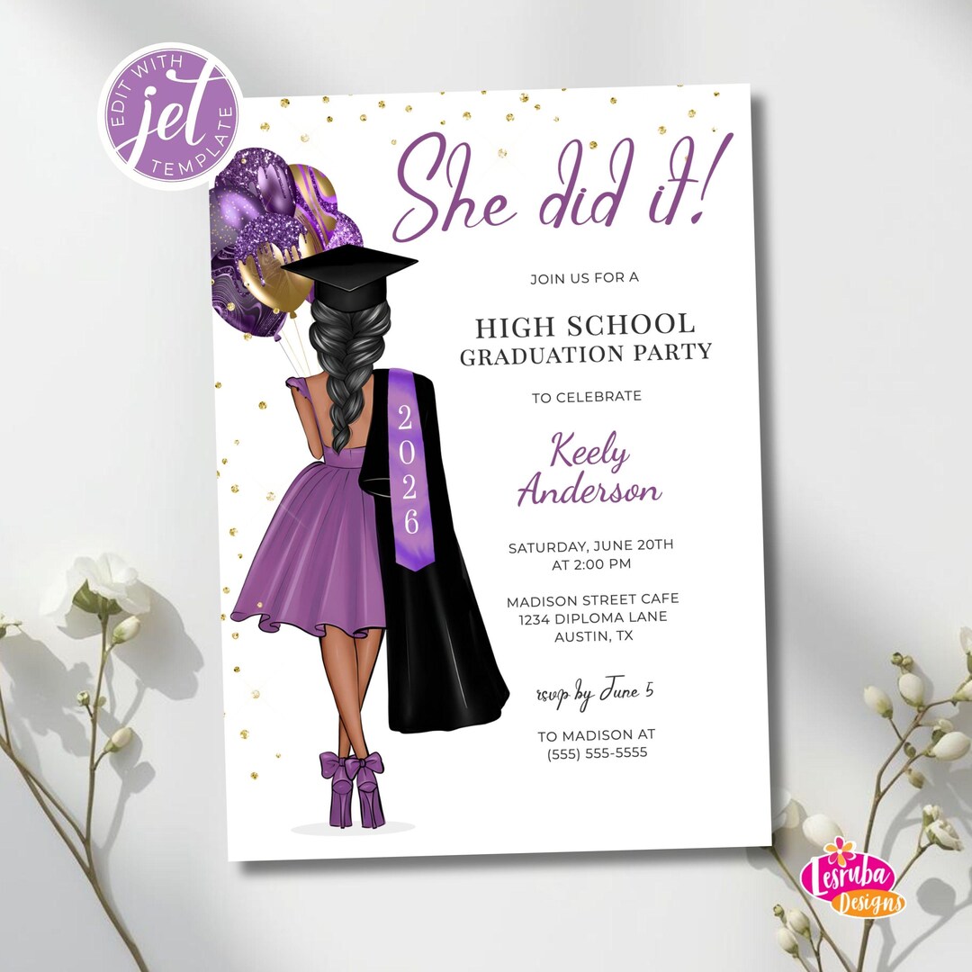Editable Graduation Party Invitation, She Did It Grad Invite, Dark Skin ...