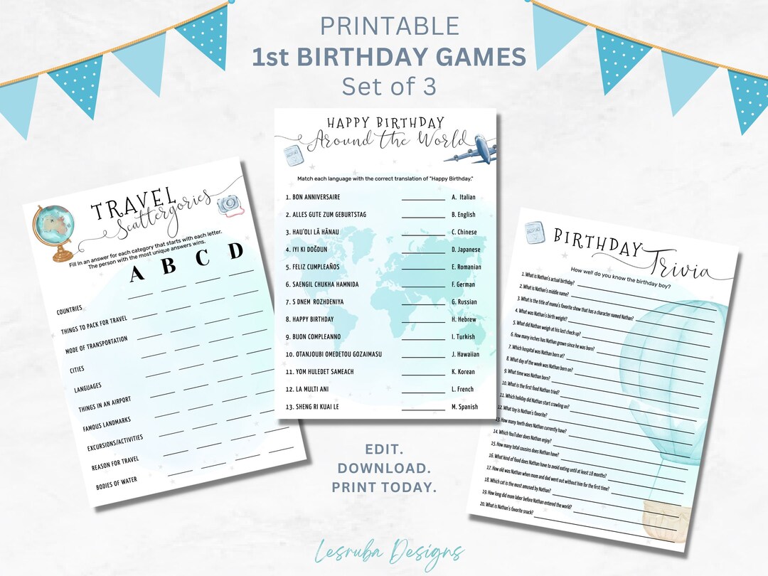 1st Birthday Game Bundle Printables, Scattergories, Happy Birthday ...