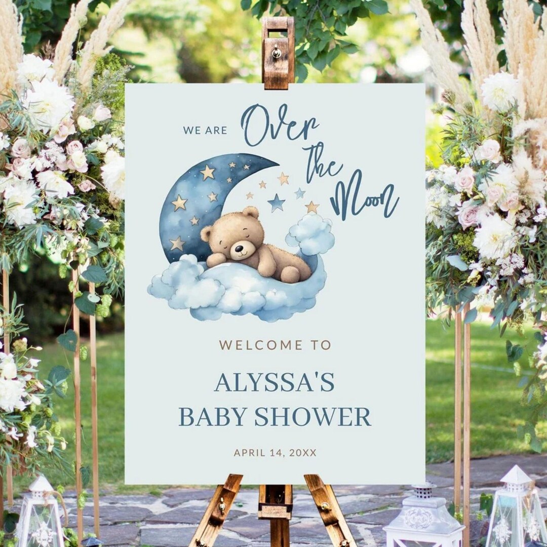 Over the Moon Baby Shower Welcome Poster, Moon Bear Baby Welcome Sign ...