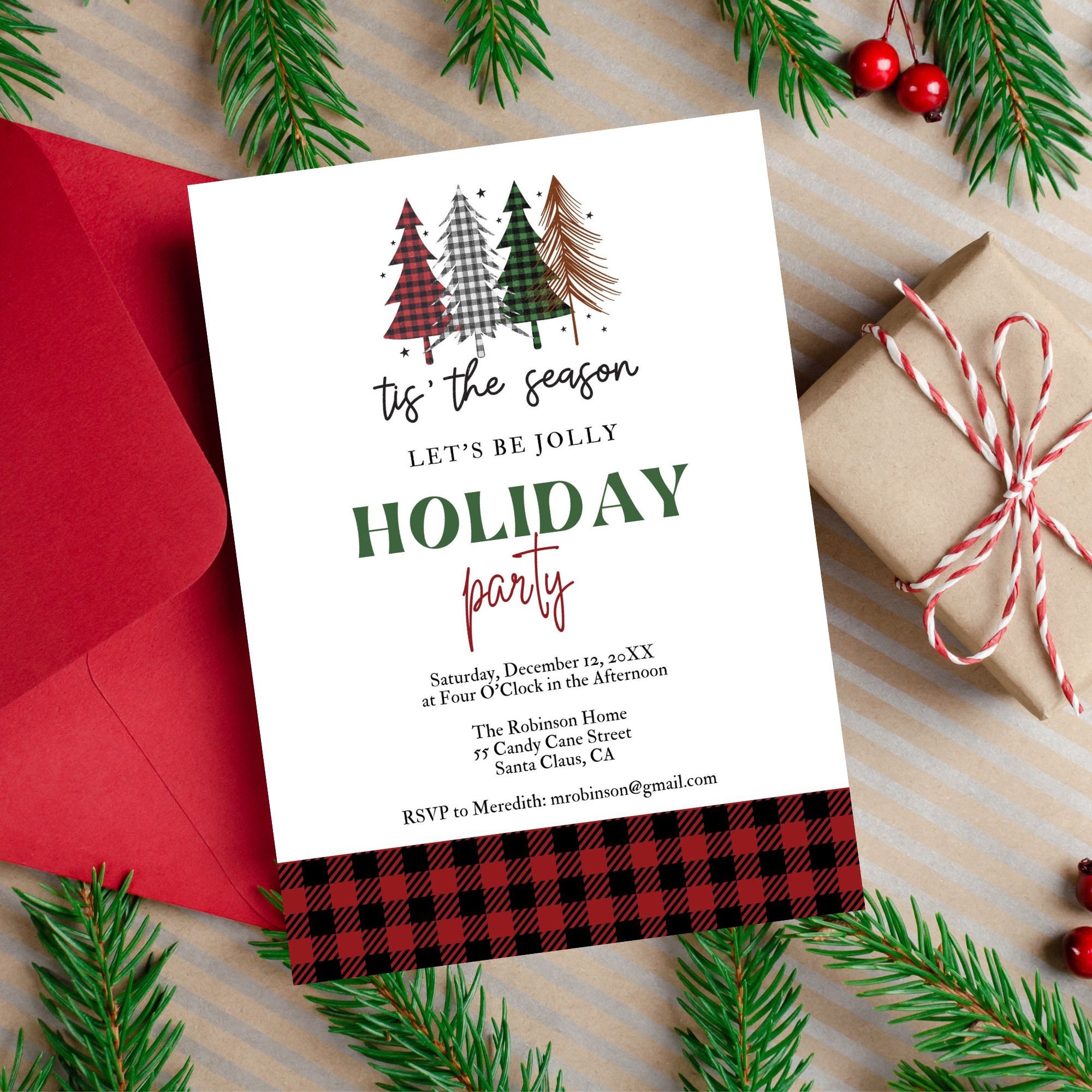 Editable Holiday Party Invitation Template, Rustic Buffalo Plaid ...
