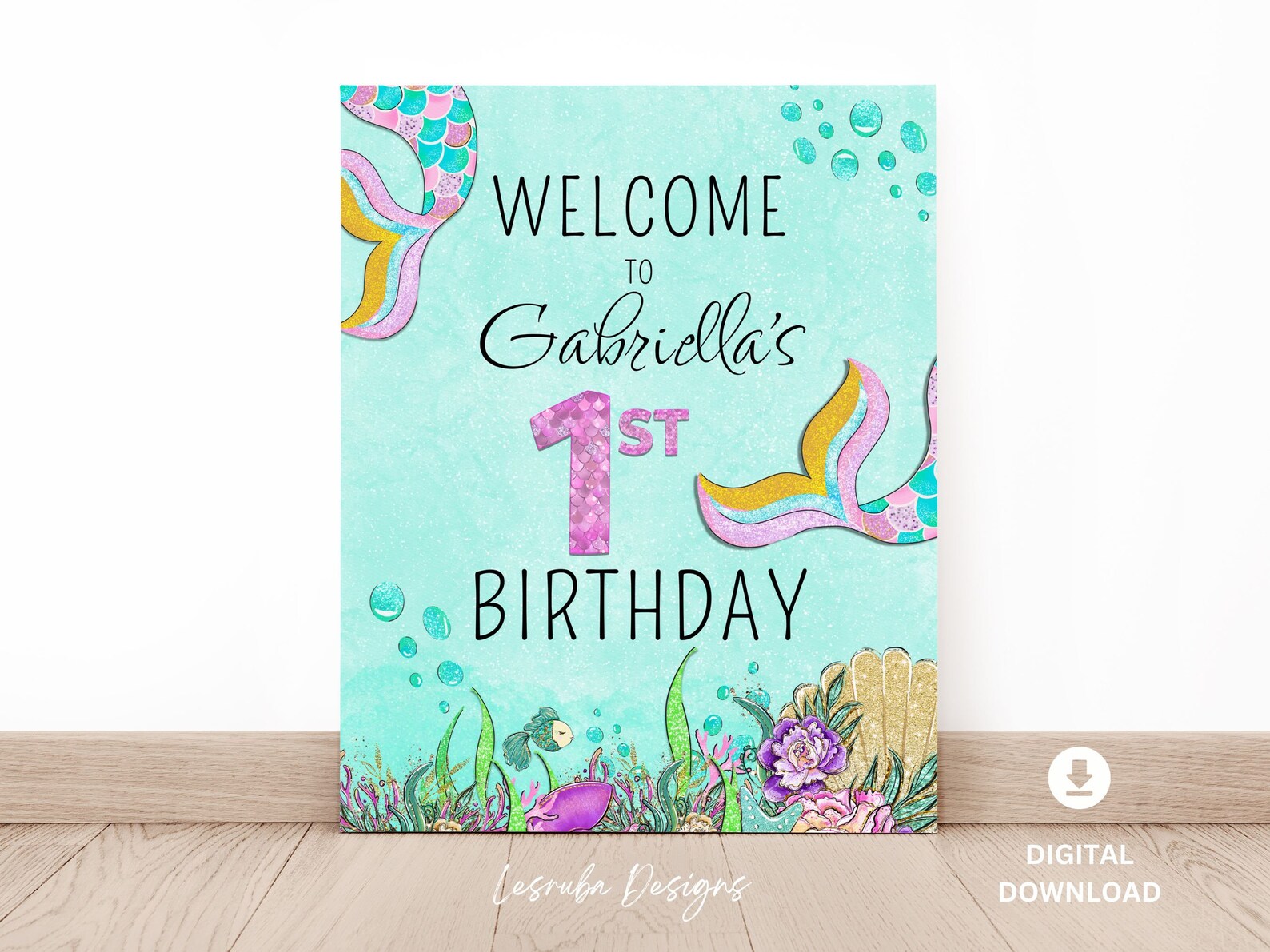 Mermaid Girl 1st Birthday Welcome Poster, Girl's Birthday Welcome Sign ...
