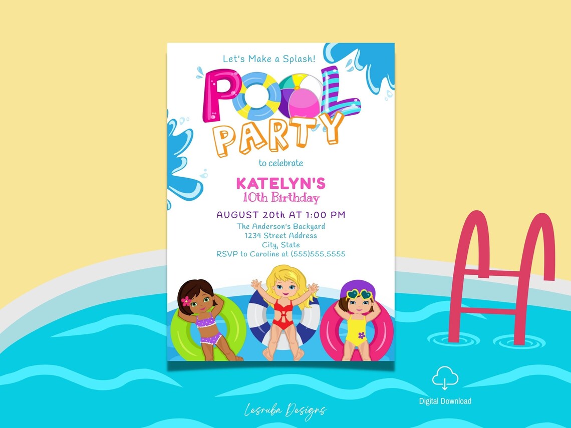 Girl Pool Party Birthday Invitation Editable Swim Birthday - Etsy