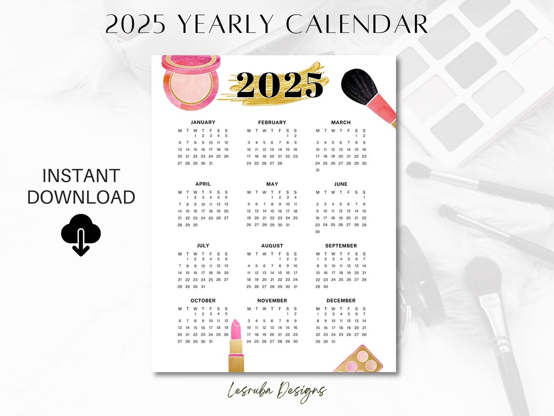 Yearly Makeup Calendar Instant Download, 2025 12-month Look Glam Girl ...