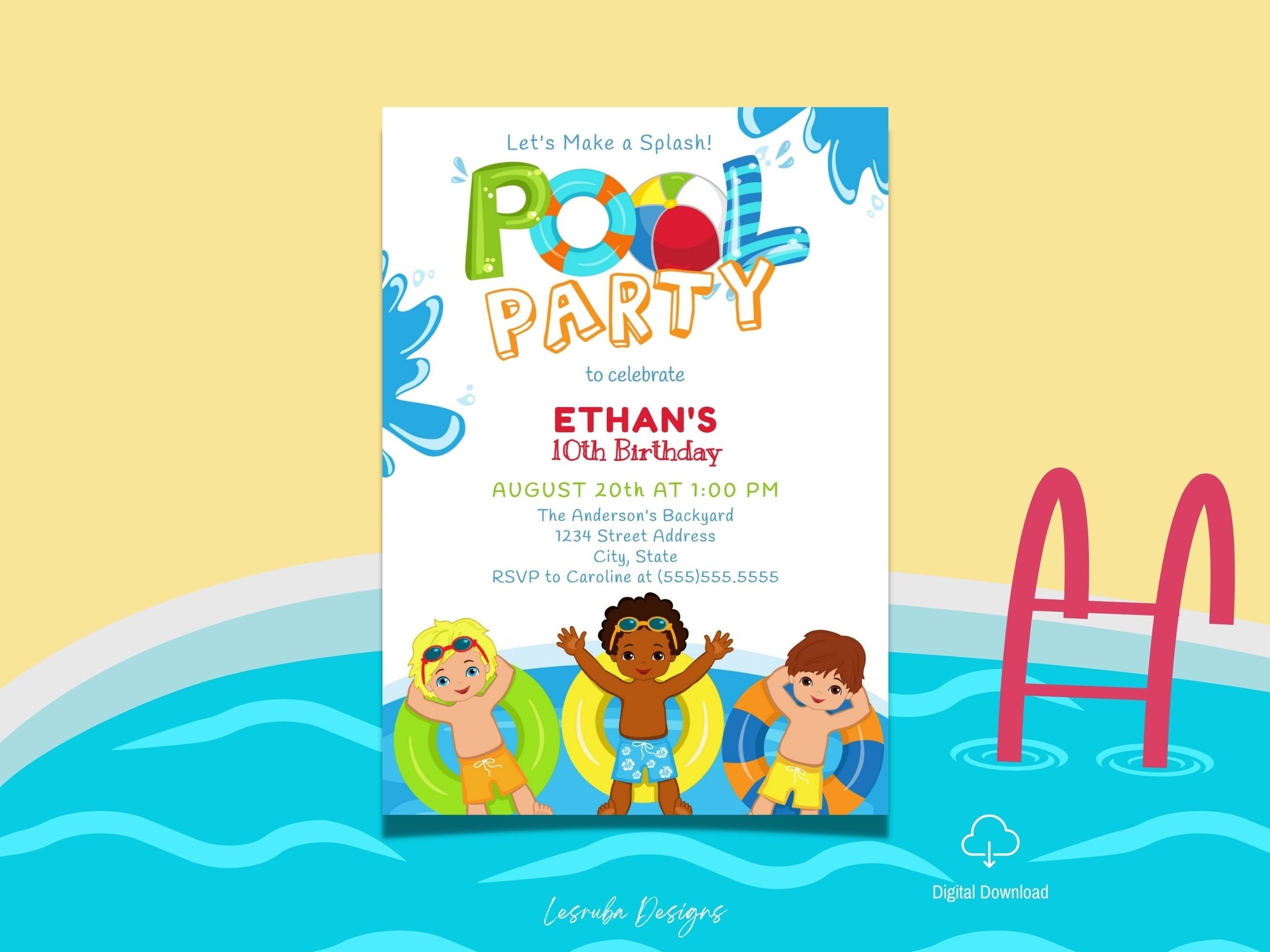 Kids Pool Party Invitation, Boy Swimming Birthday Invitation, Pool ...