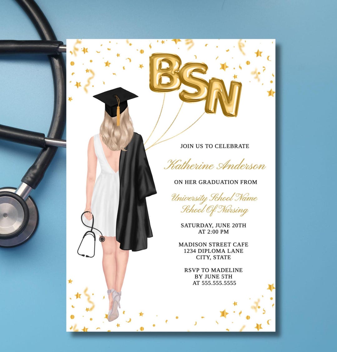 Nurse Graduation Invitation, BSN Degree Graduation Party Invitation ...