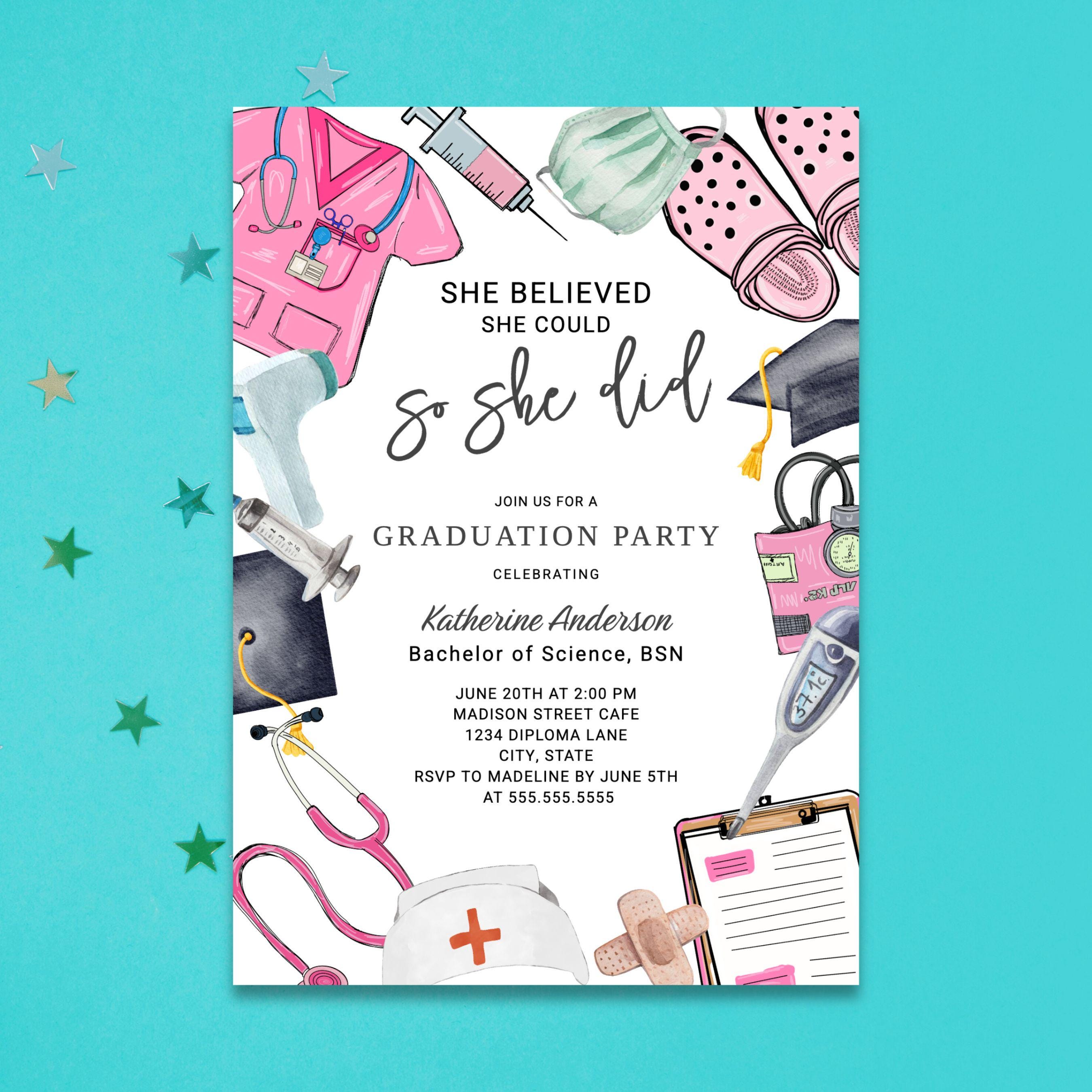 She Believed Nurse Graduation Invitation, RN BSN Nursing School ...