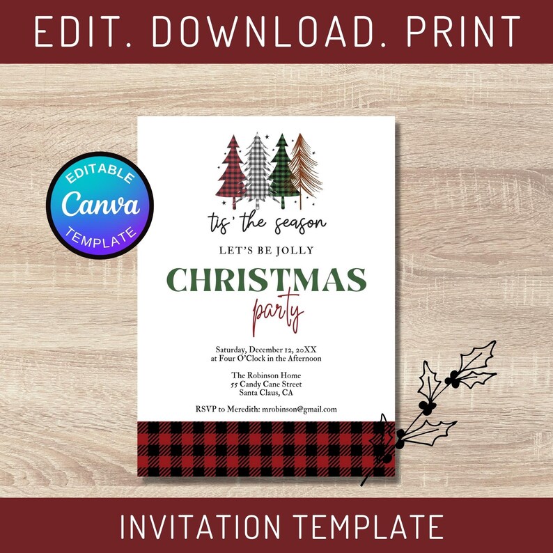 Editable Christmas Party Invitation Template, Plaid Rustic Christmas ...