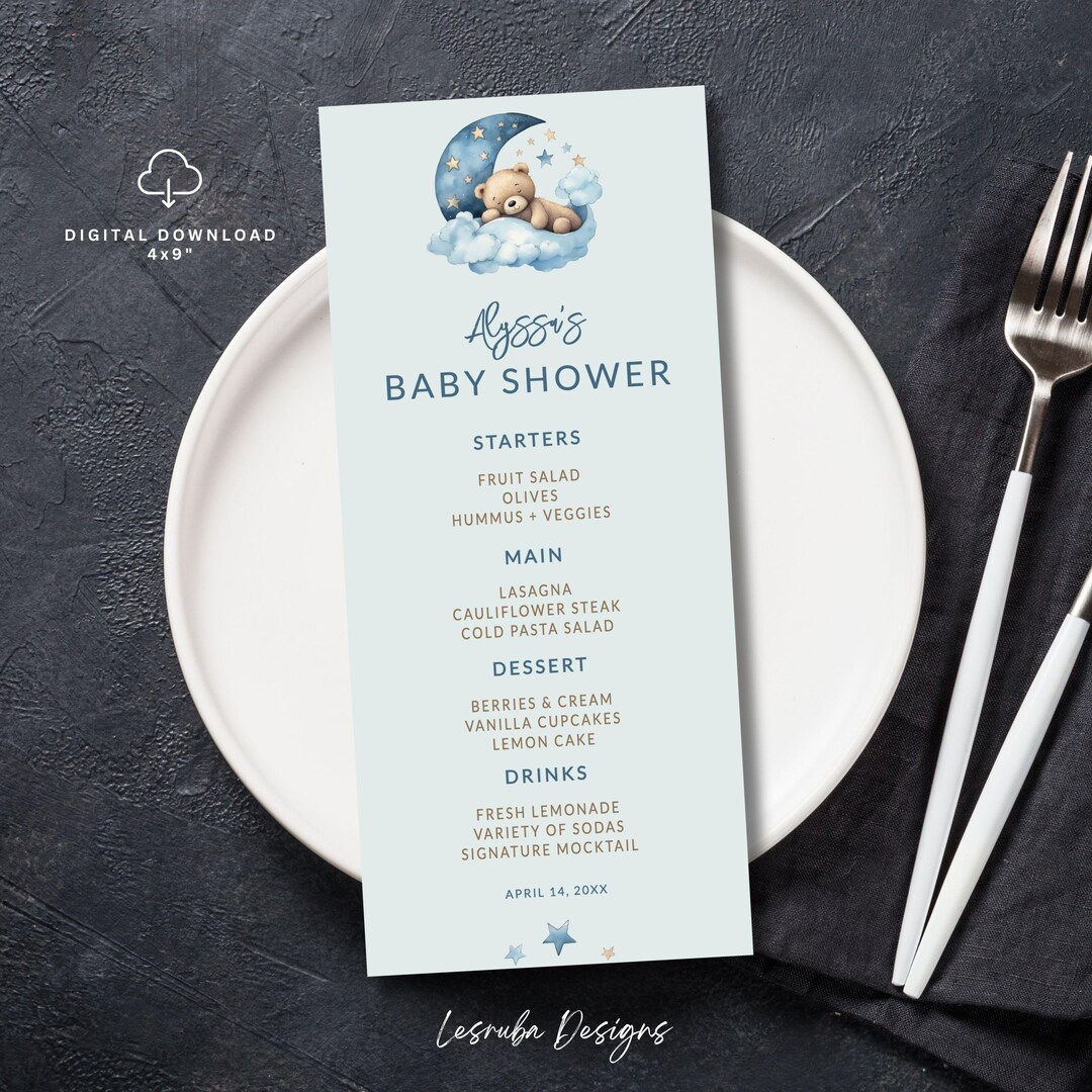 Over the Moon Baby Shower Menu, Editable Menu Template, Cute Bear Baby ...