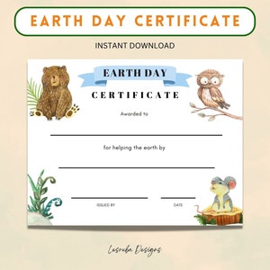 Kids Earth Day Certificate Printable, Kids Earth Day Certificate for ...